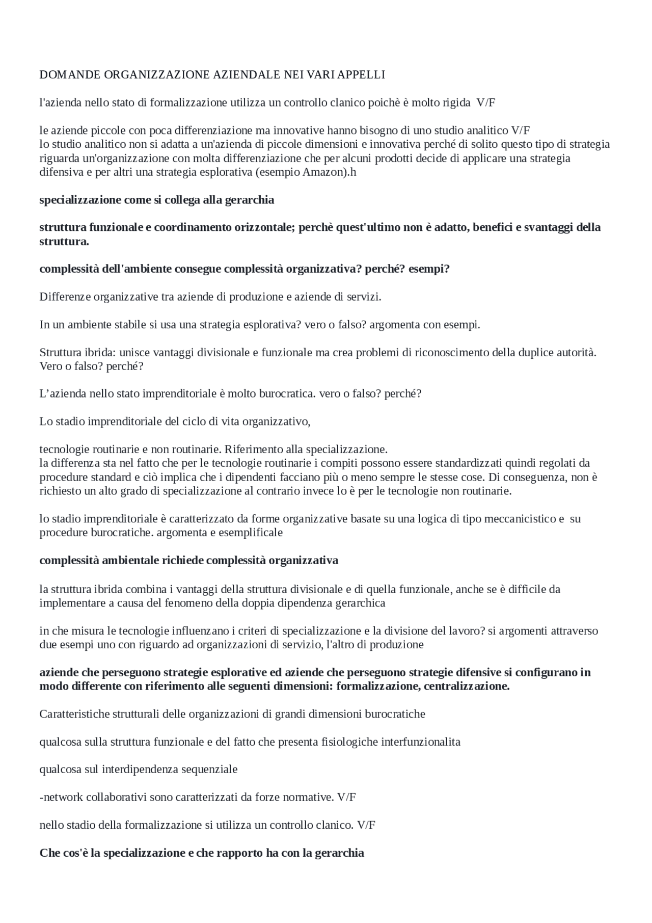 Domande Organizzazione Aziendale Docsity