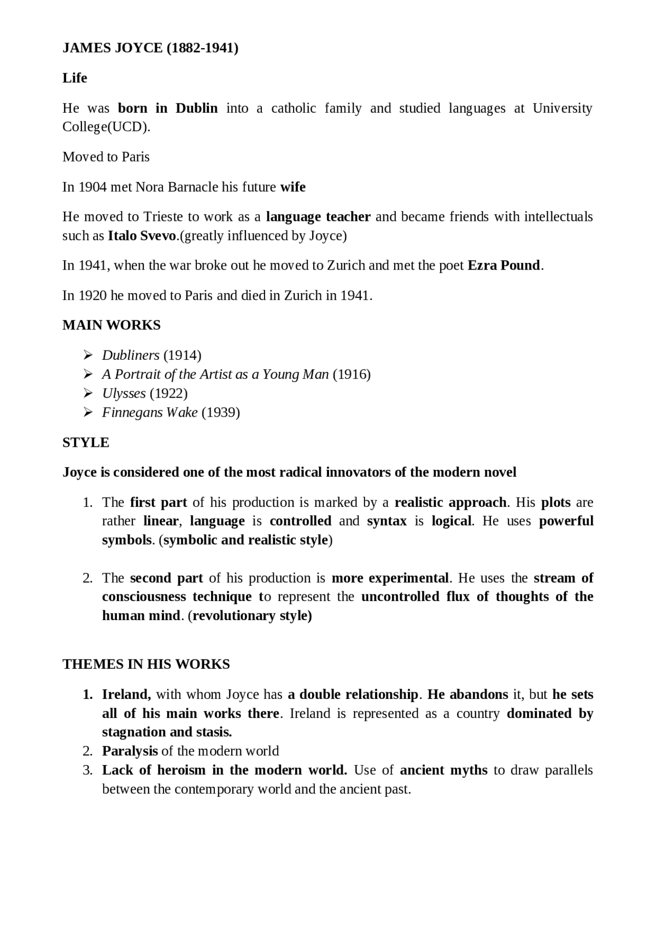 James Joyce-Life and works - Docsity