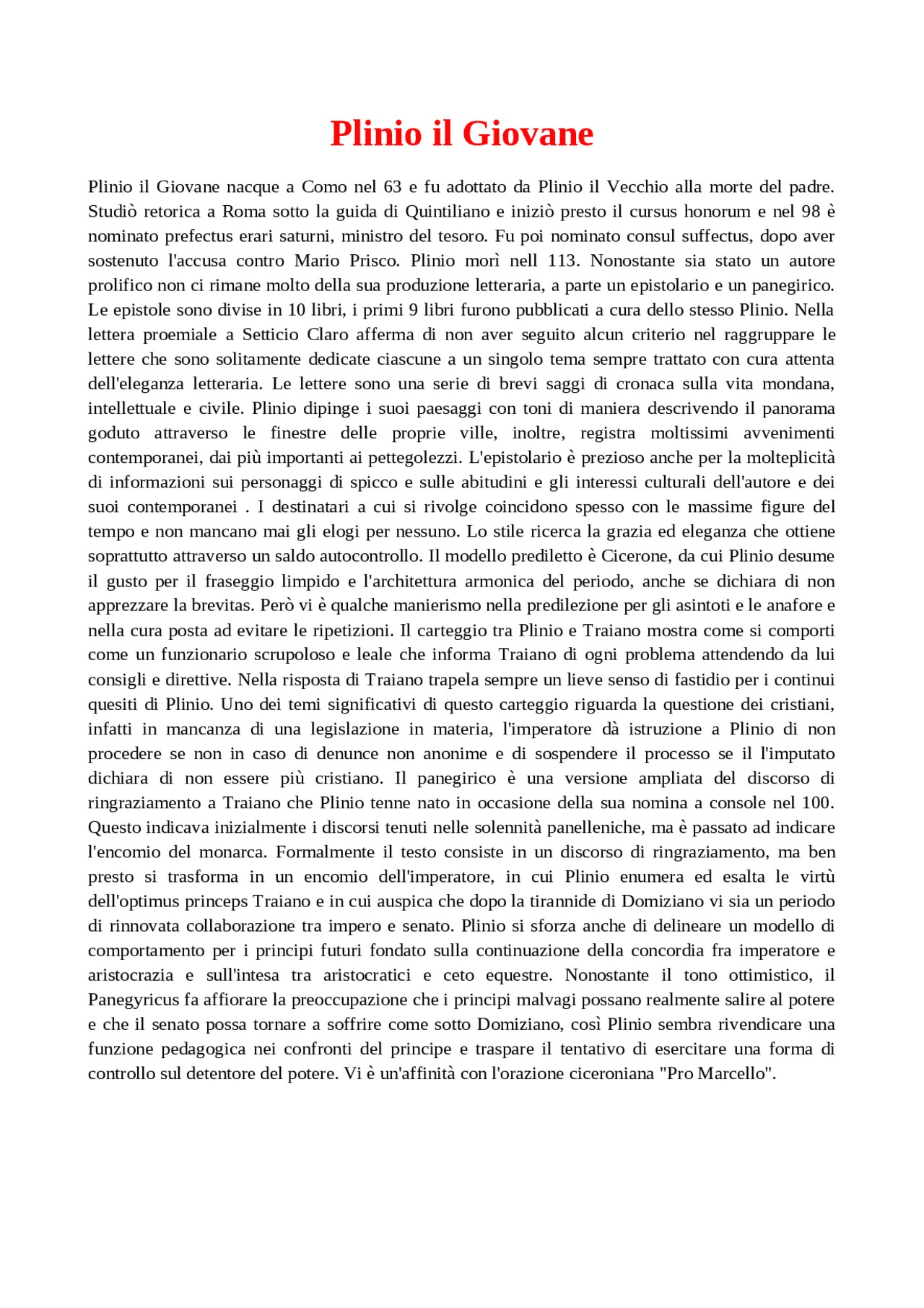 Riassunto Su Plinio Il Giovane Docsity