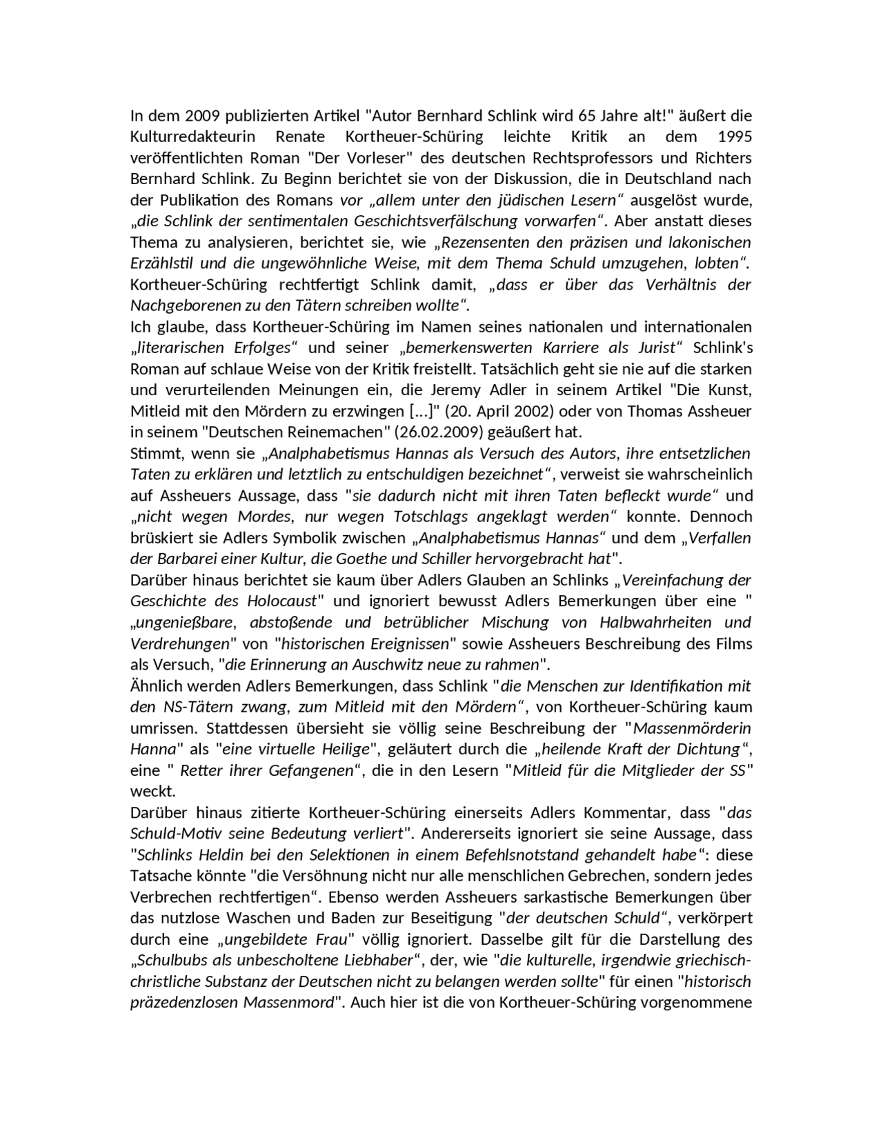 Diskussion über den Roman "Der Vorleser" von Bernhard Schlink. - Docsity