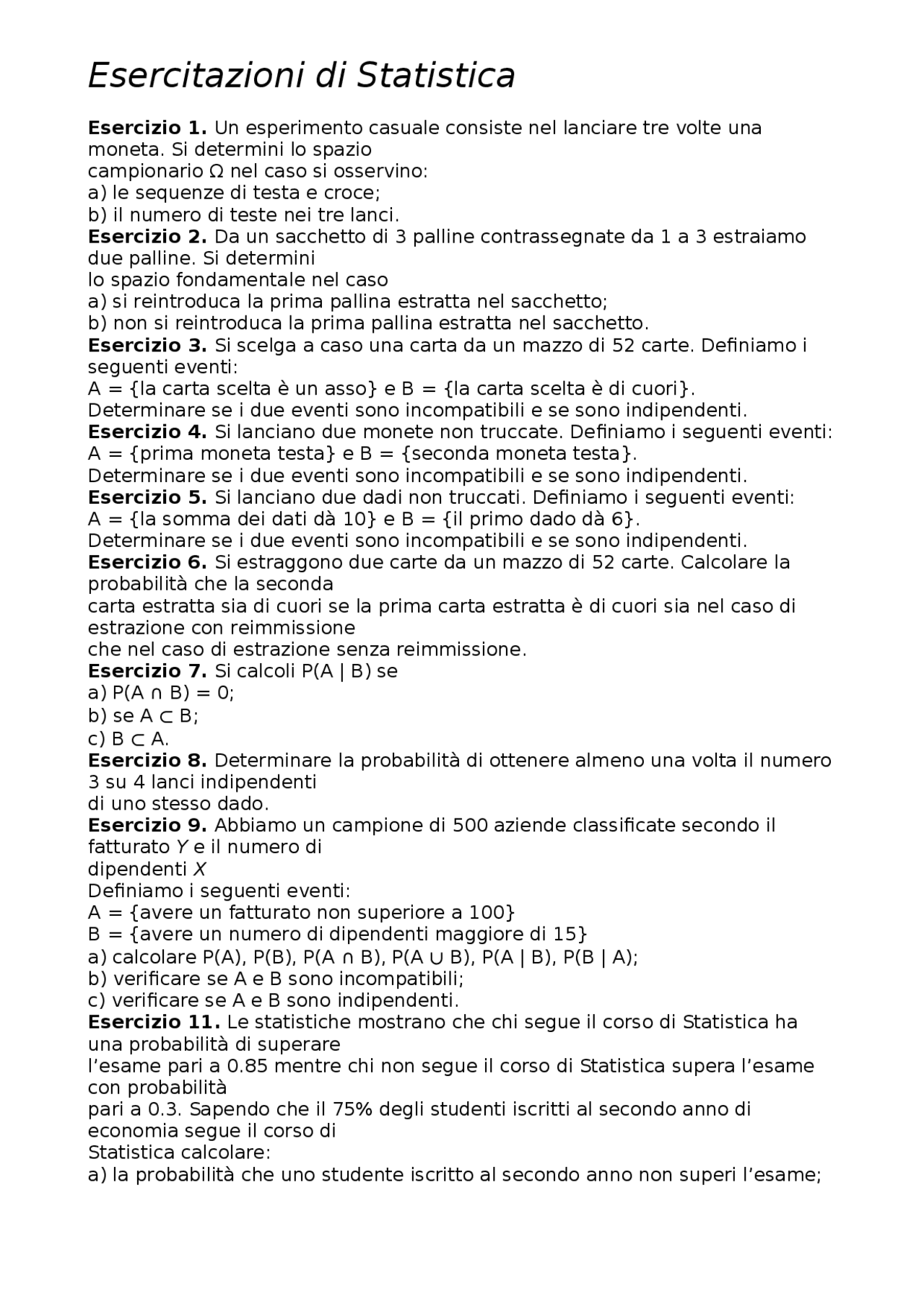 ESERCIZI STATISTICA descrittiva | Exercises of Statistics | Docsity