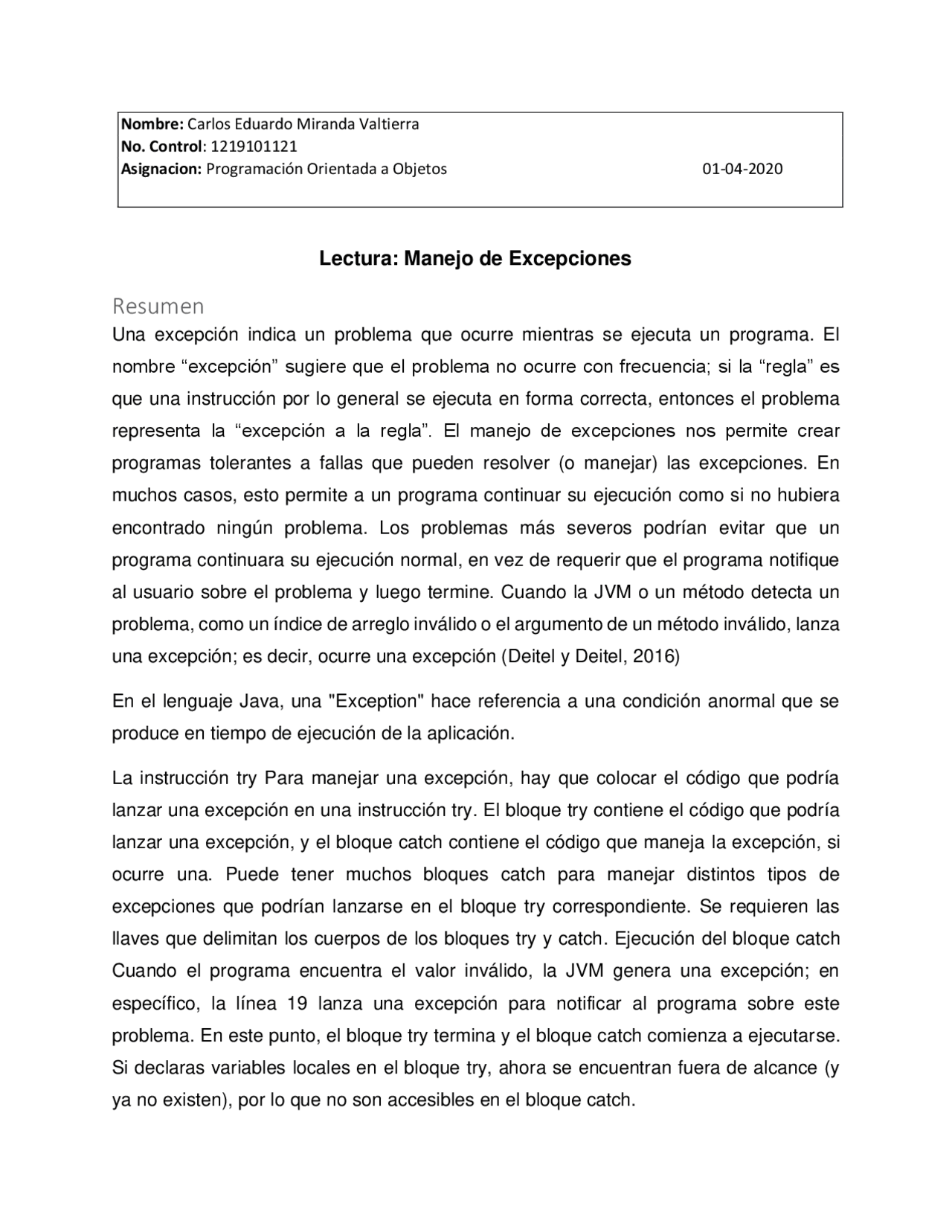 Excepciones En Programación Orientada A Objetos Docsity