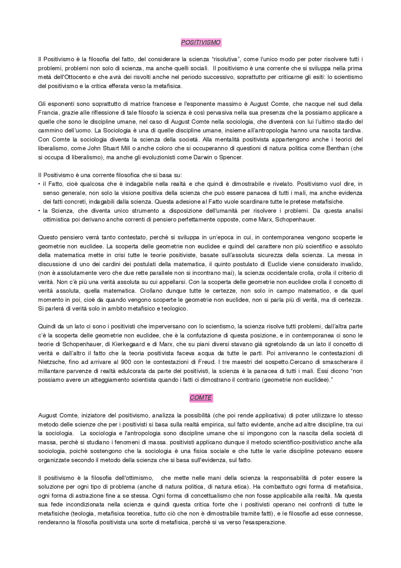 Il Positivismo Appunti Di Filosofia Docsity