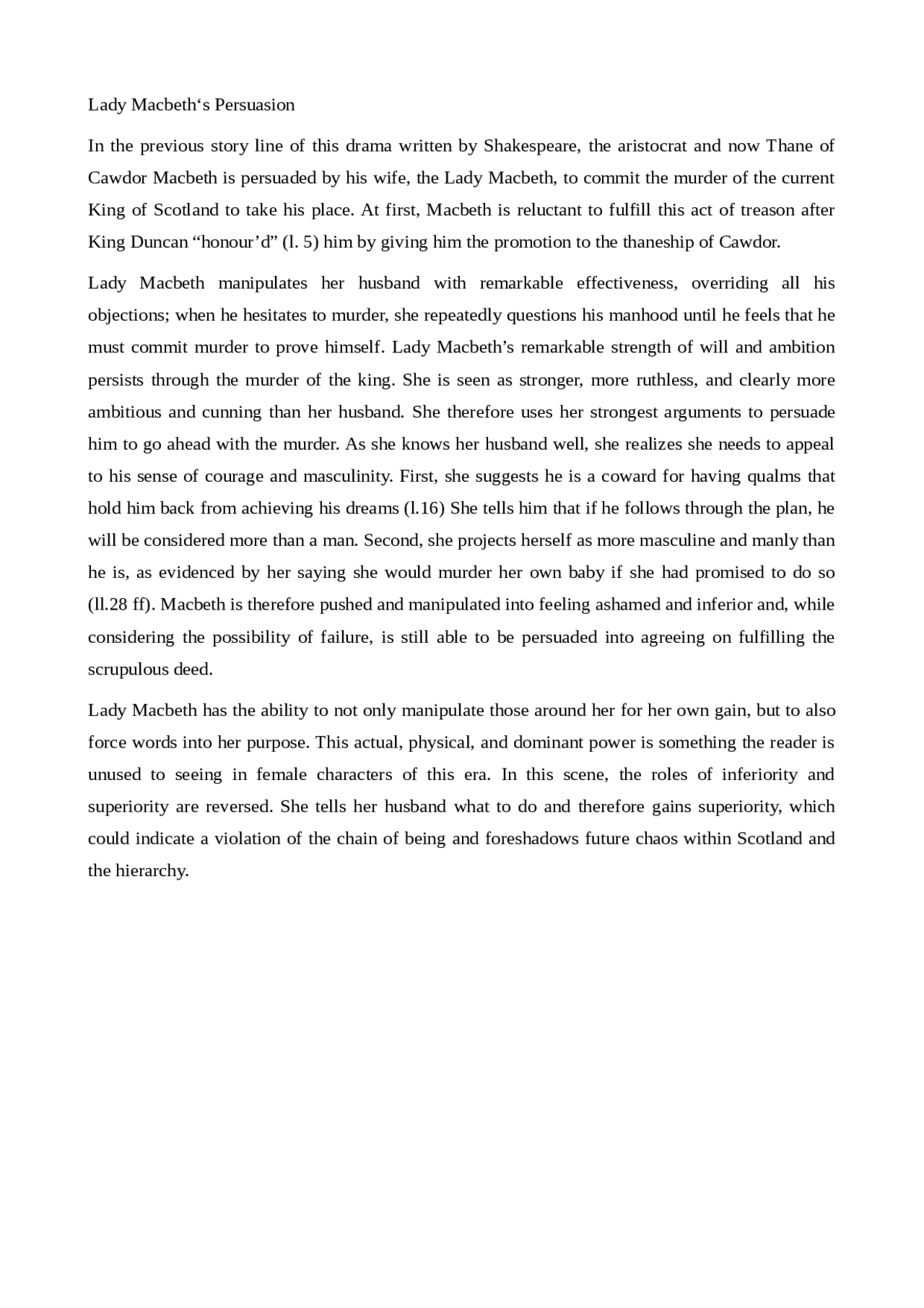 The Shakespearean Character Lady Macbeth and her Persuasion - Docsity