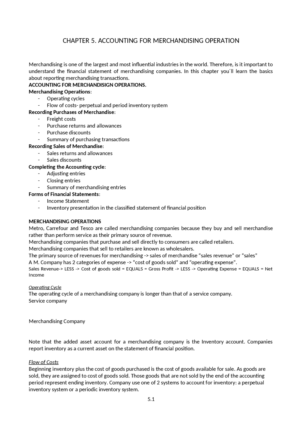 Accounting for Merchandising operation - Docsity