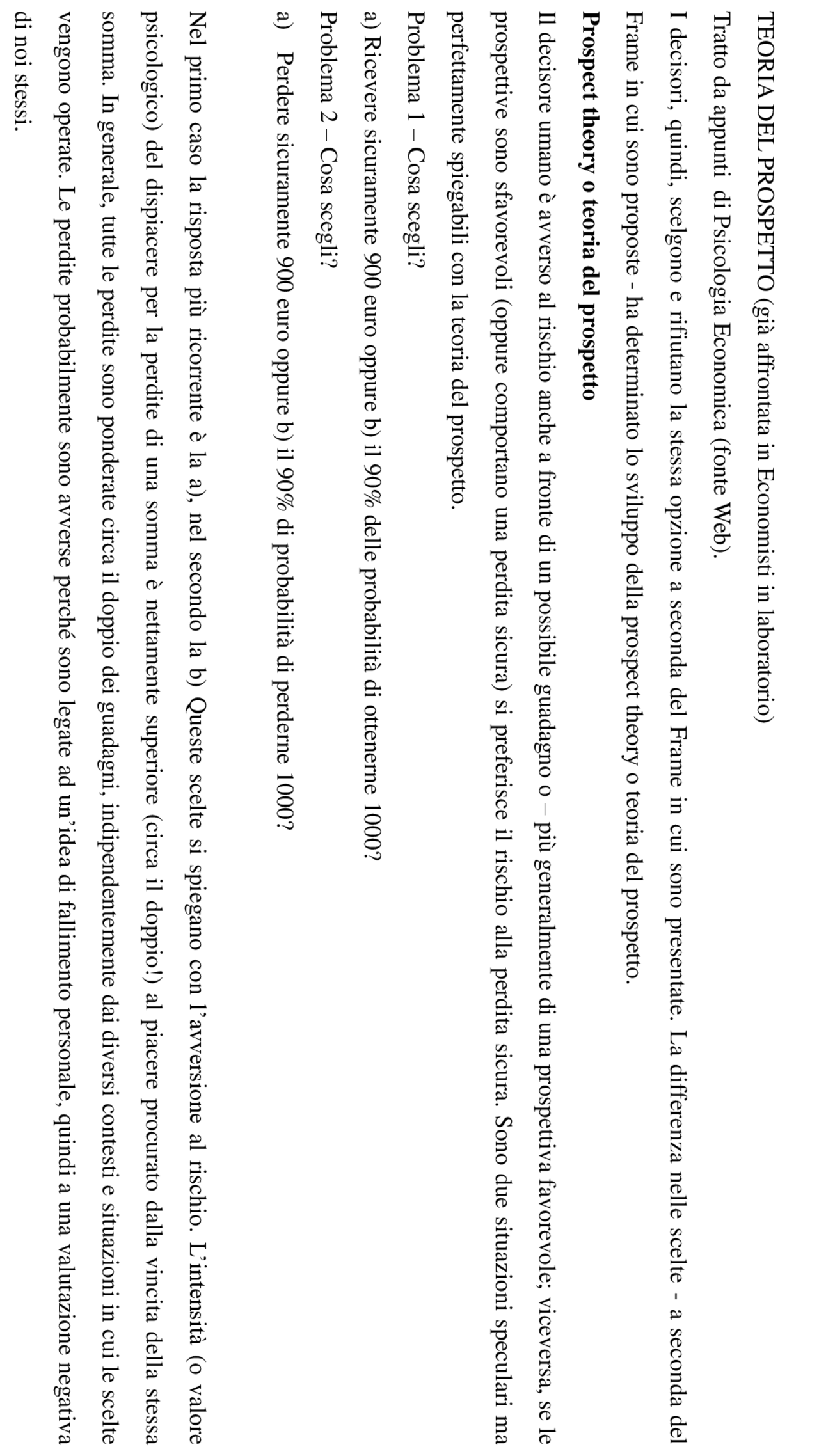 Mente, Mercati, Decisioni - Teoria del prospetto - Docsity