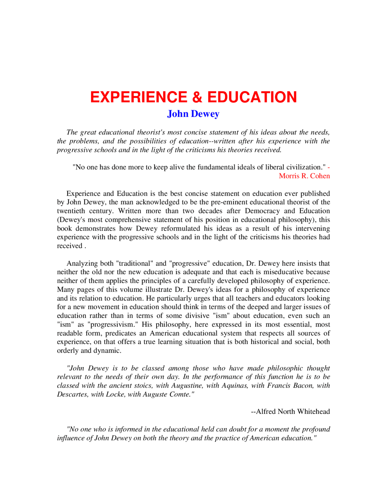Testo Dewey Experience And Education Docsity