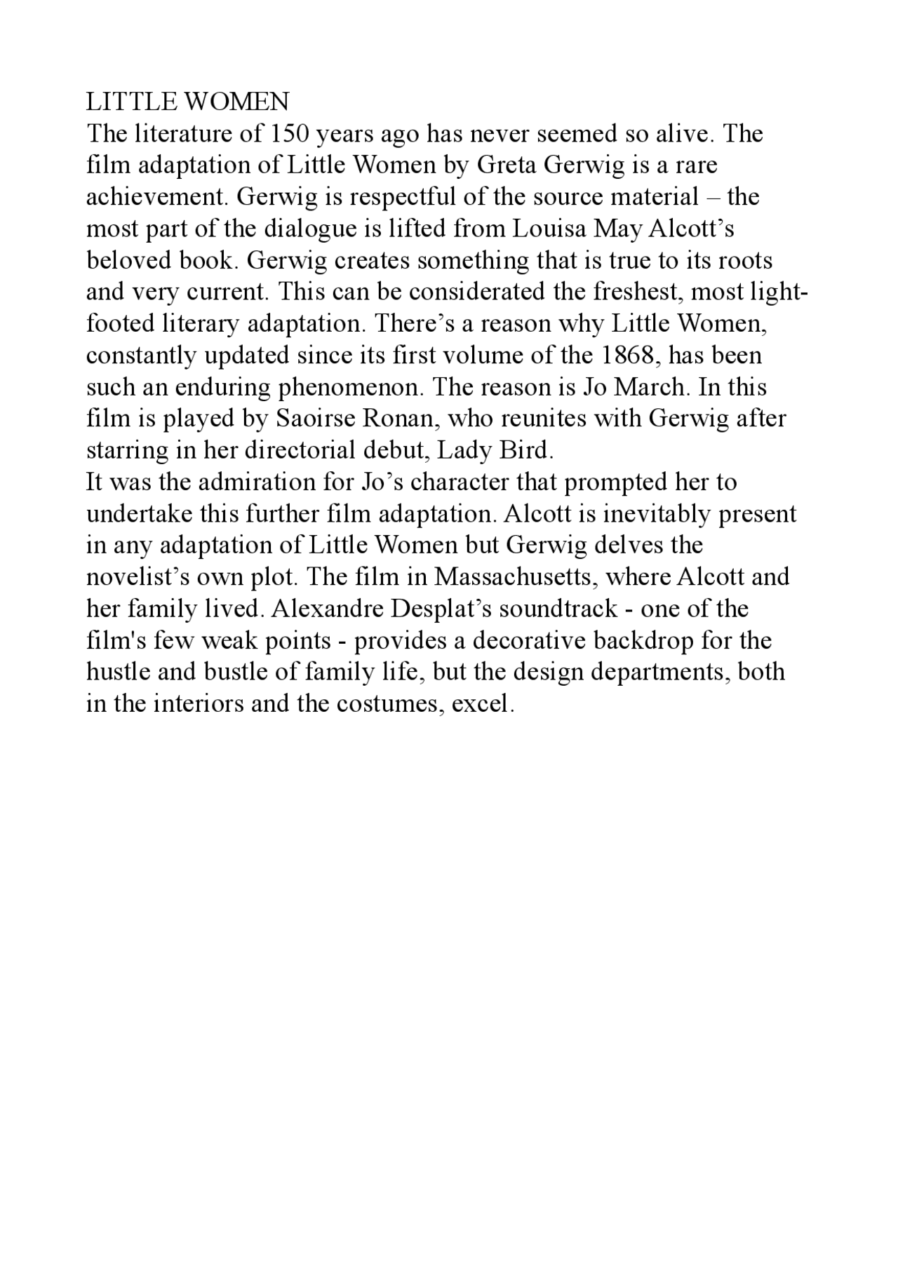 Little women reading list - Docsity