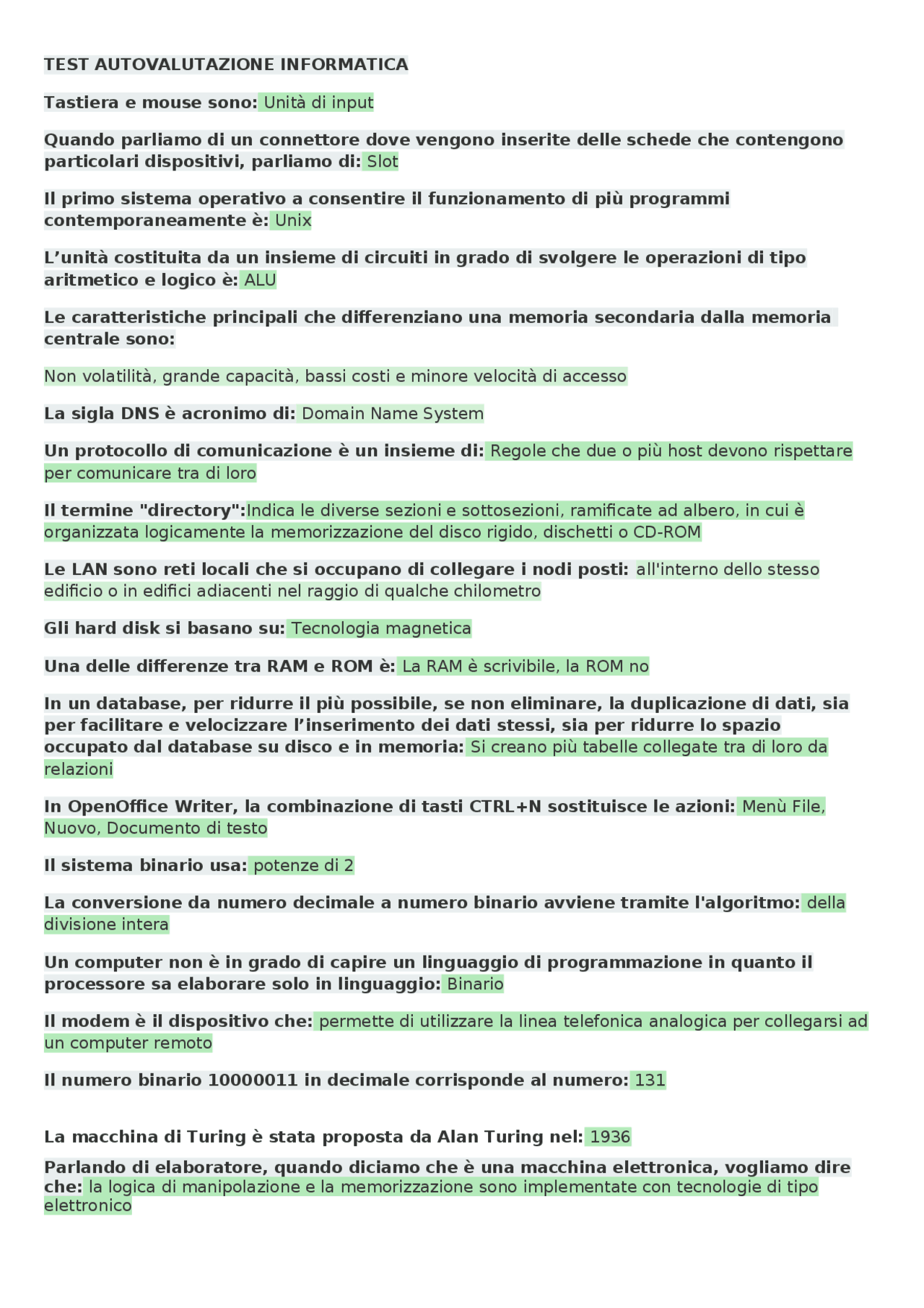 Domande Test Autovalutazione Strumenti Informatici Per Lo Sport Docsity