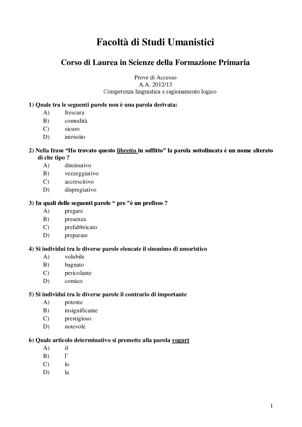 Prove Di Ammissione Al Corso Di Laurea In Scienze Della Formazione