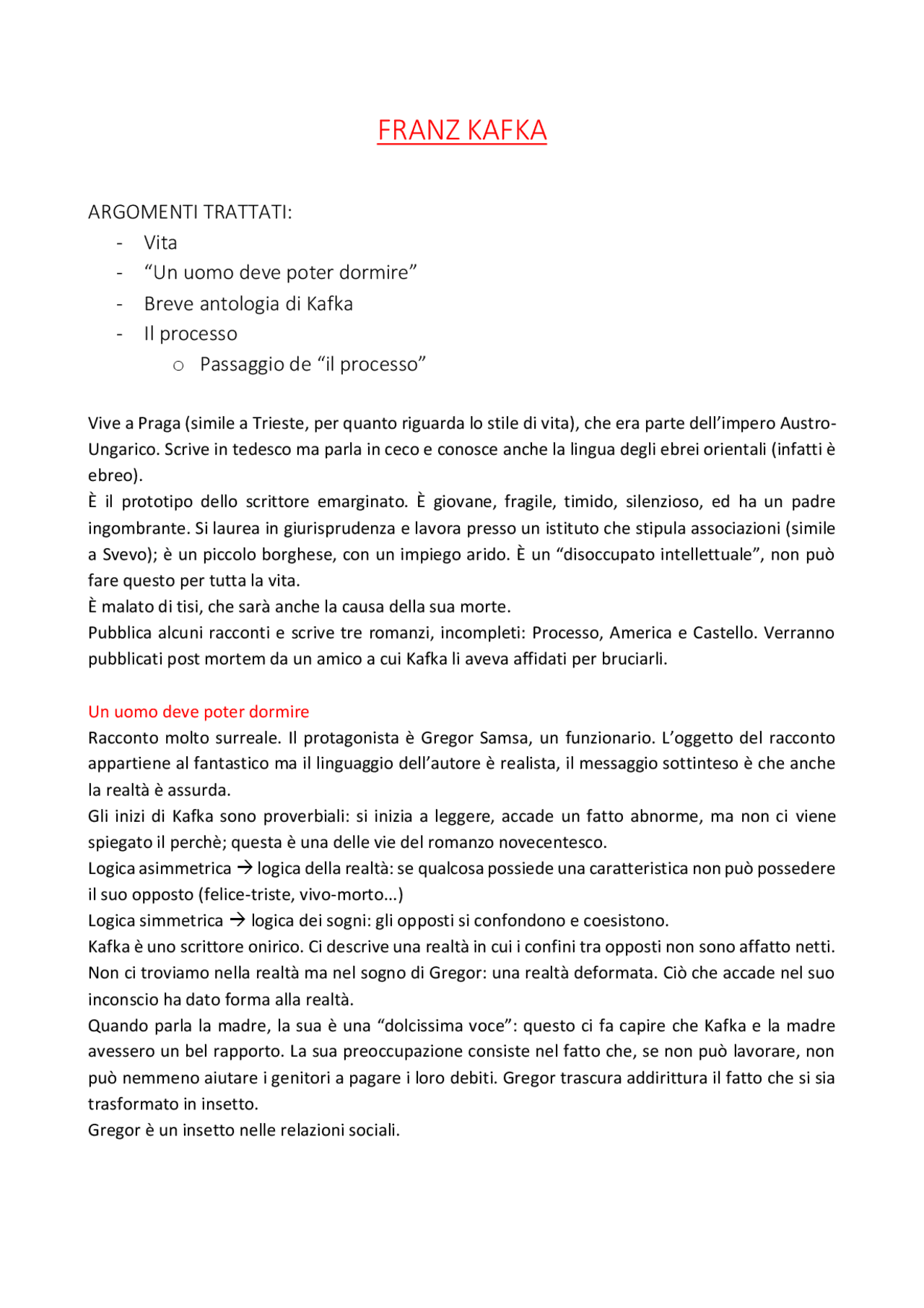 Appunti Su Franz Kafka Docsity