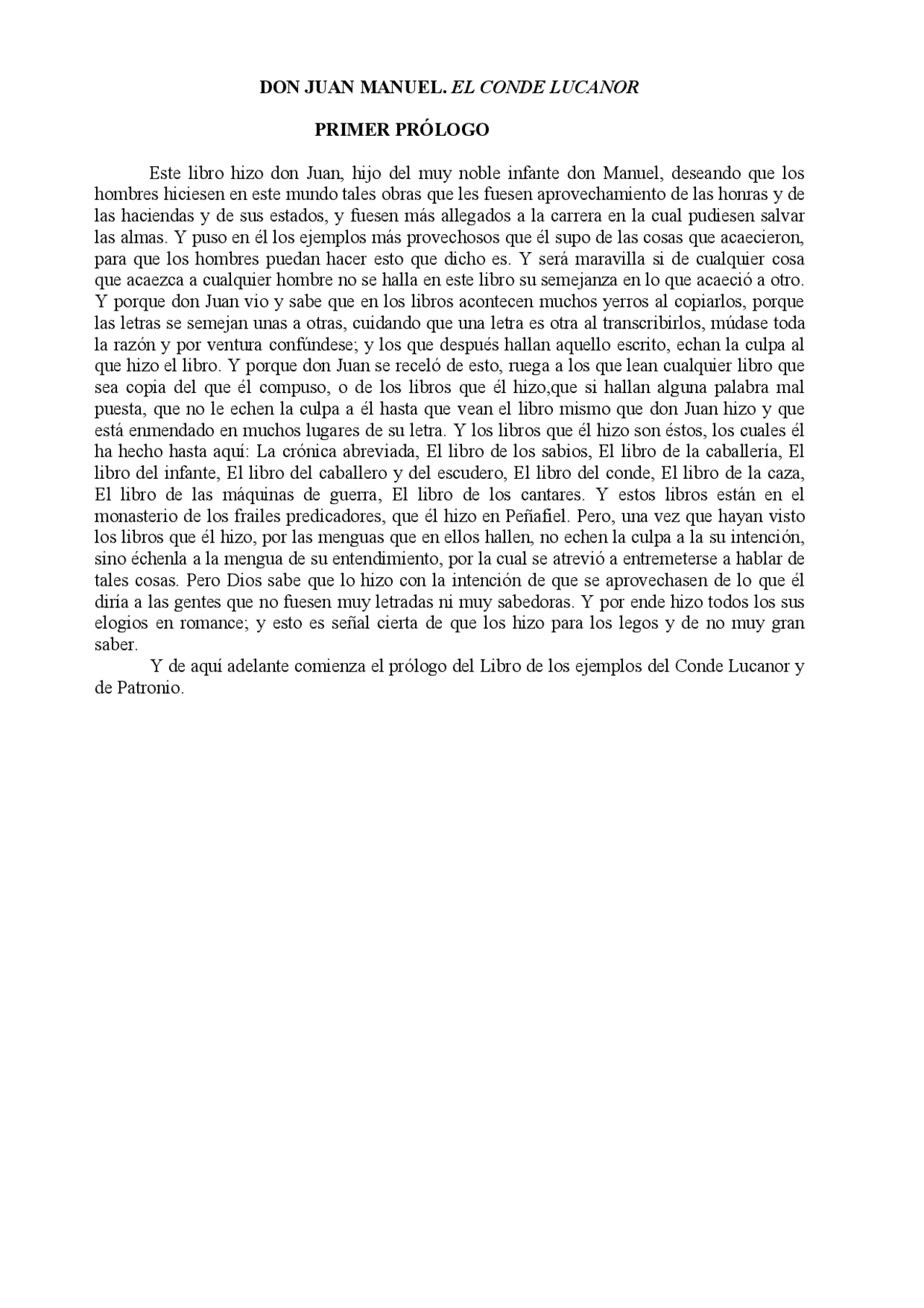 Prólogo del cuento de El Conde Lucanor - Docsity