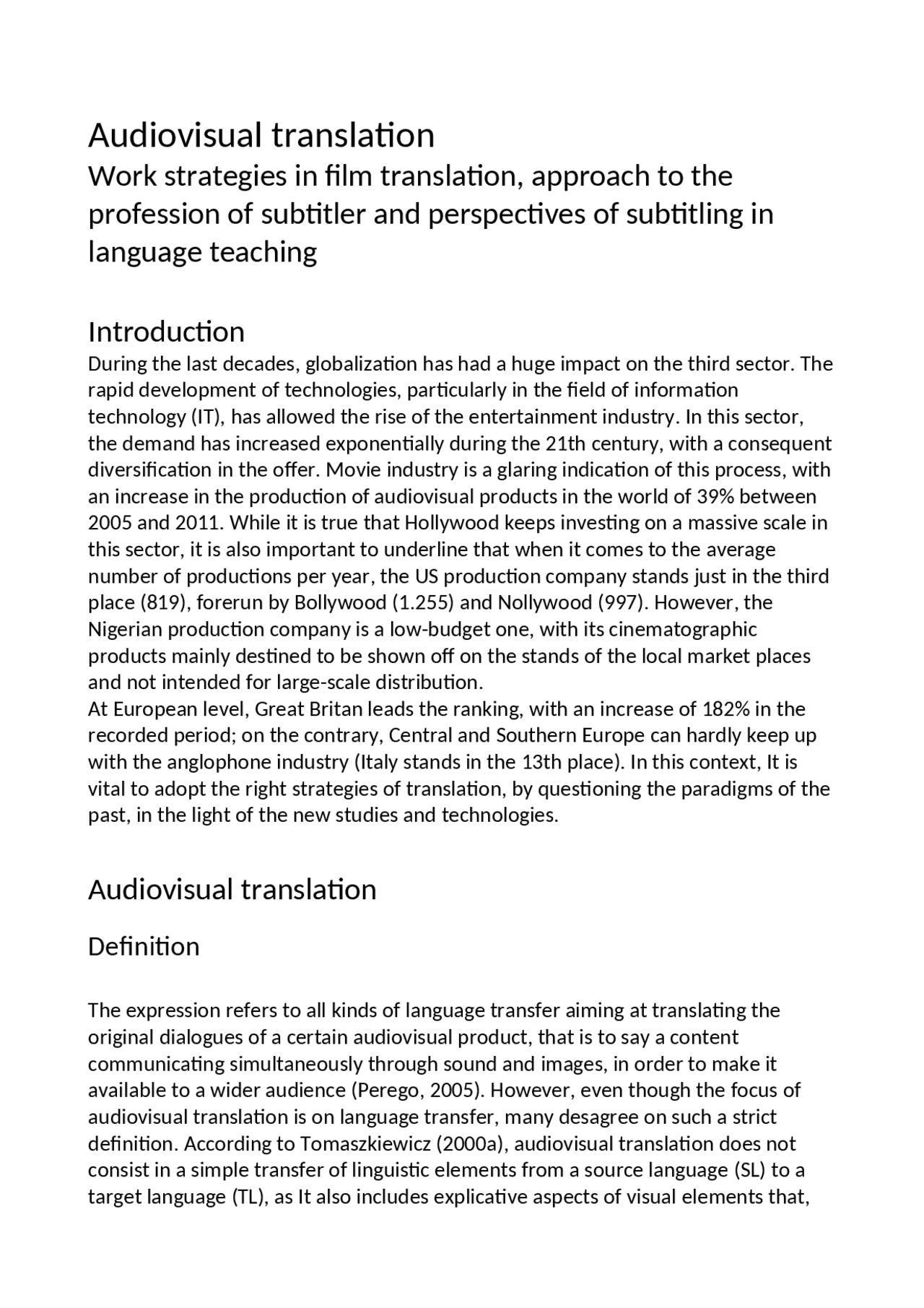 Introduction to Audiovisual translation - Docsity