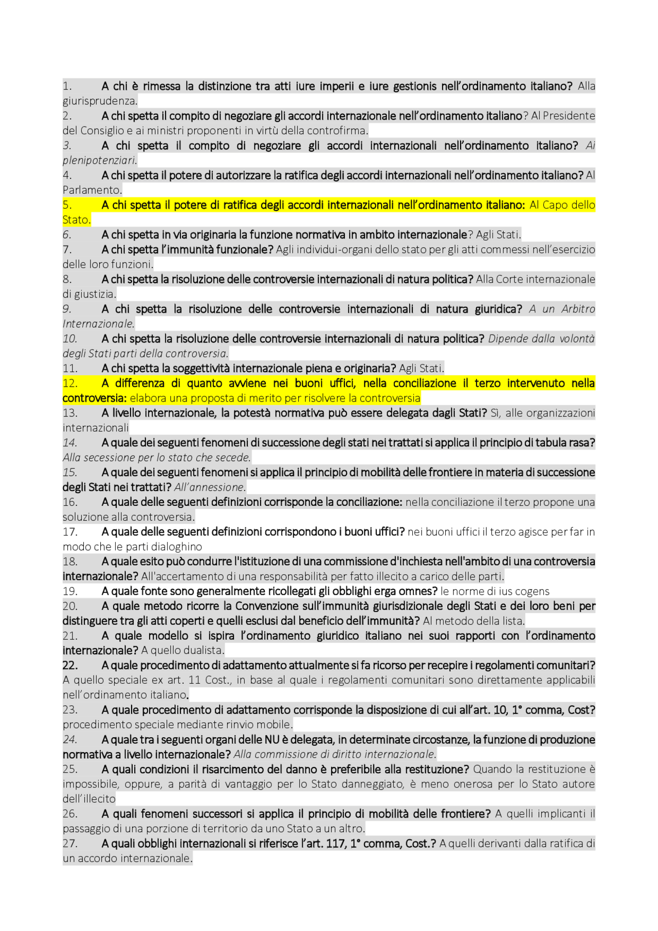 Diritto Internazionale Domande Unicusano Docsity
