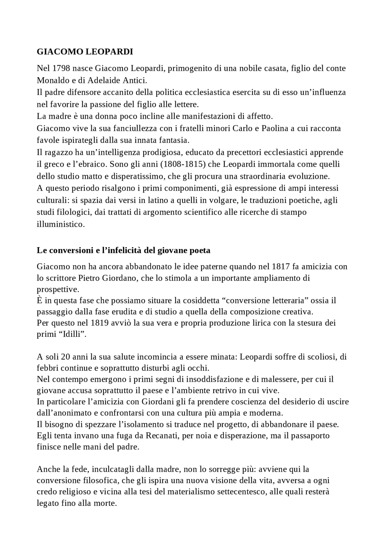 Appuntiriassunti Di Giacomo Leopardi Docsity