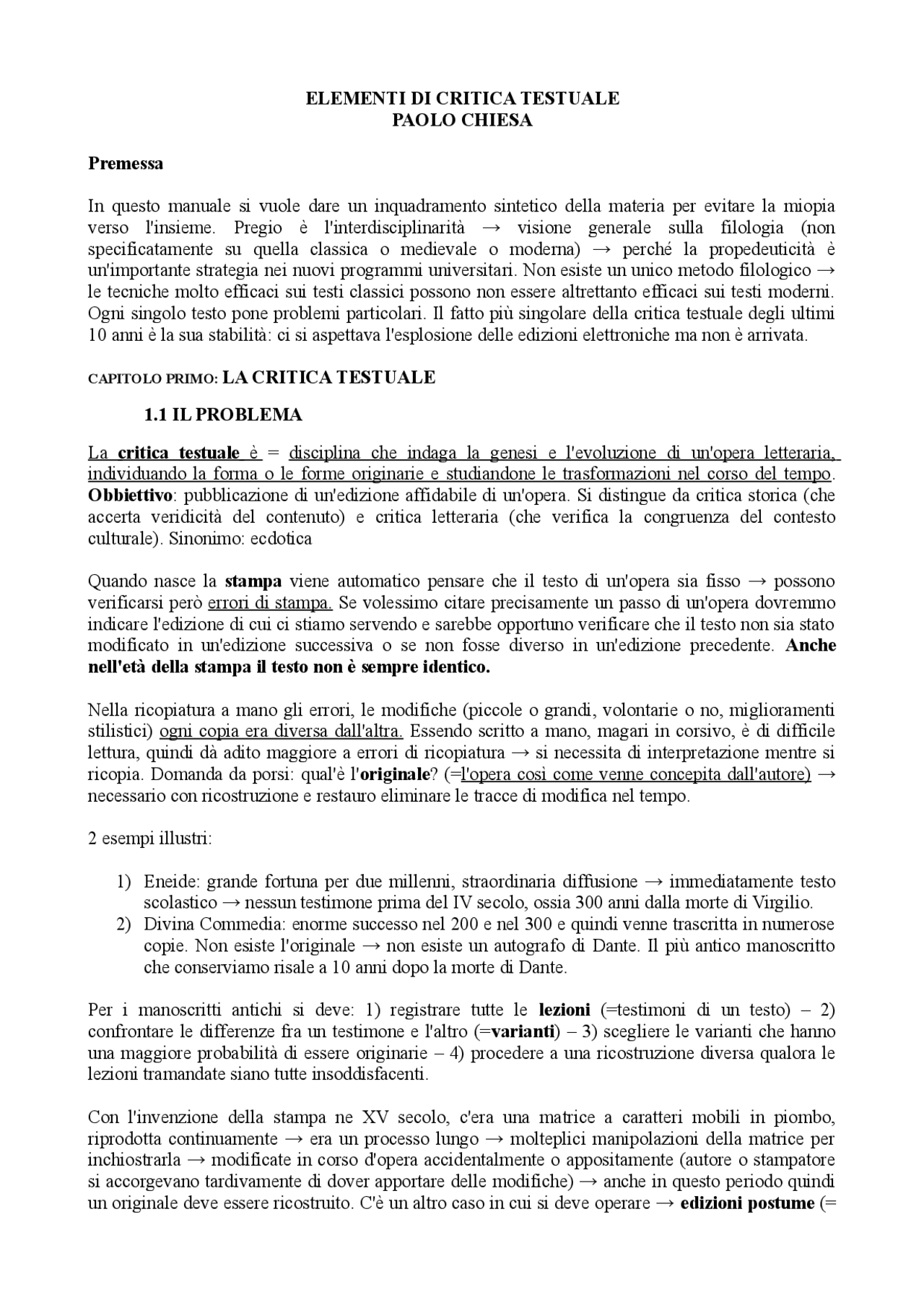 Elementi Di Critica Testuale Di Paolo Chiesa Docsity