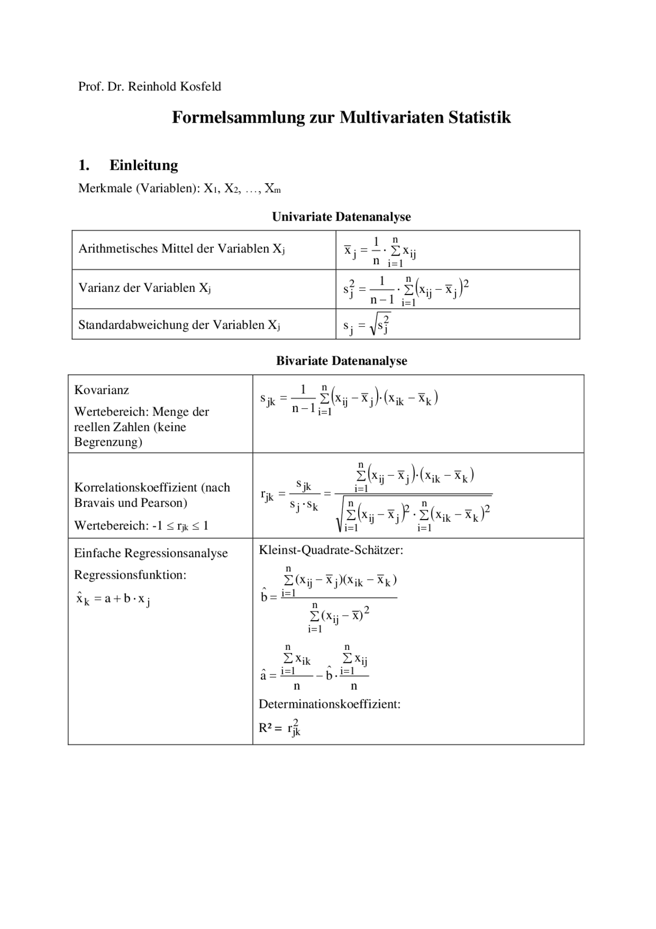 Formelsammlung zur Multivariaten Statistik | Prof. Dr. Reinhold Kosfeld ...