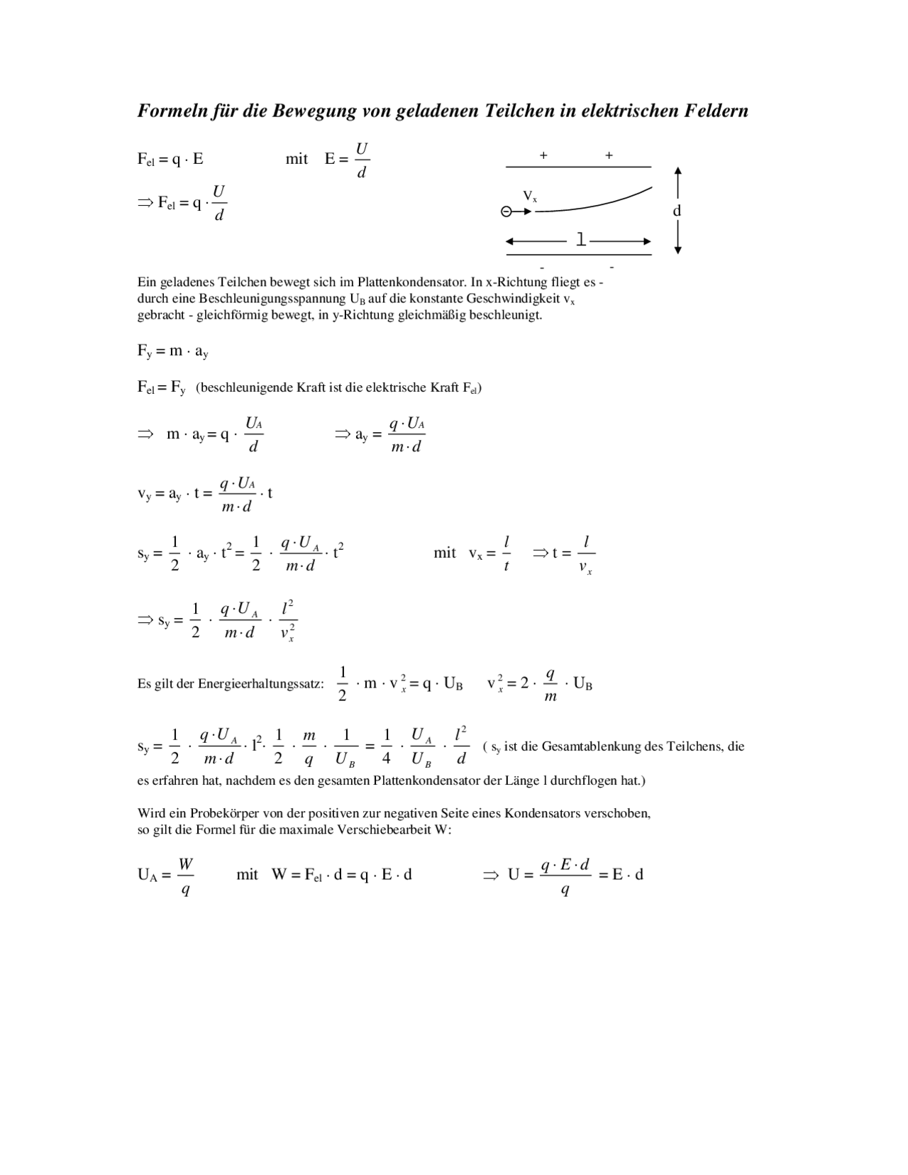 Formeln für die Bewegung von geladenen Teilchen in elektrischen Feldern ...