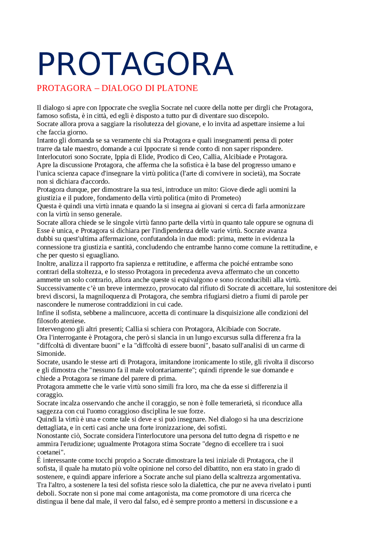 Spiegazione del protagora di Platone | Appunti di Filosofia Greca | Docsity