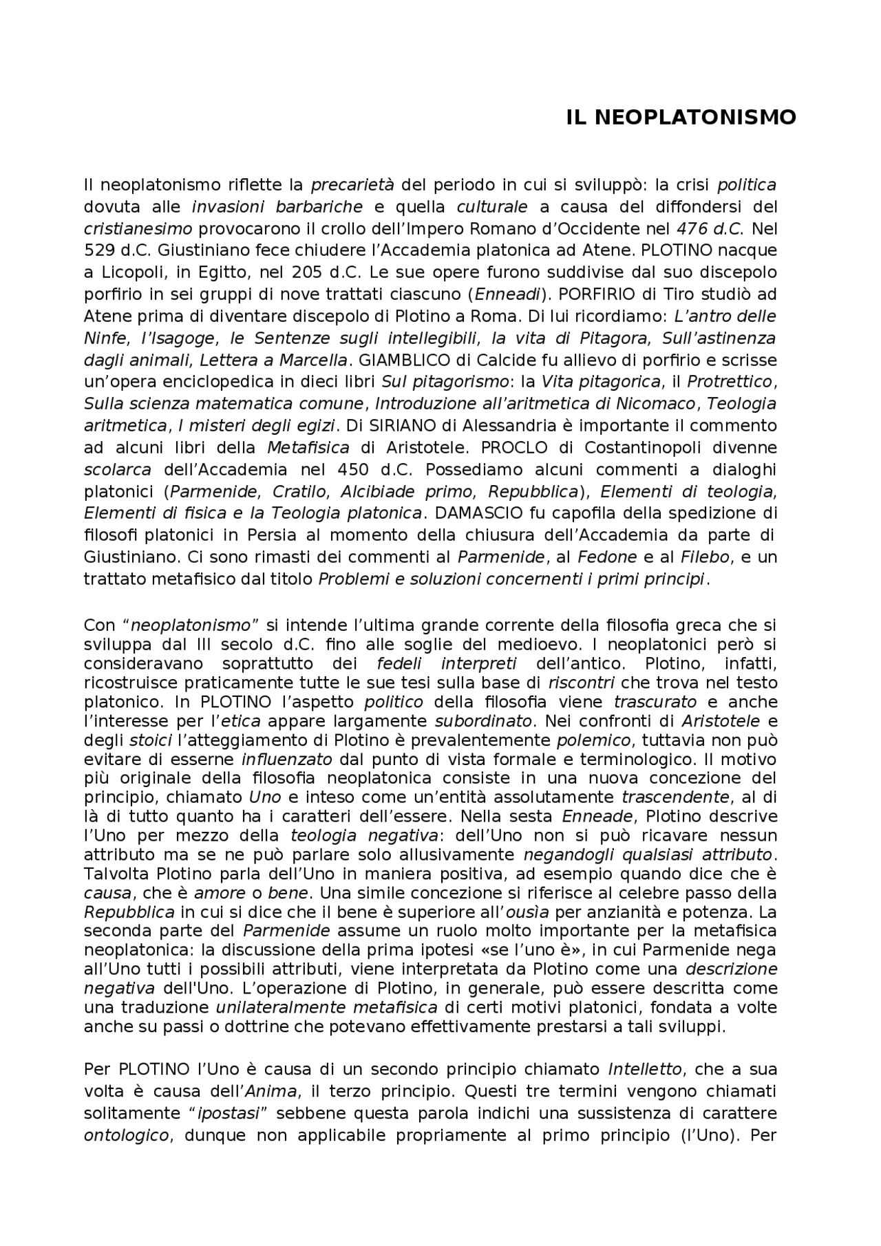 Il neoplatonismo - riassunto - Docsity