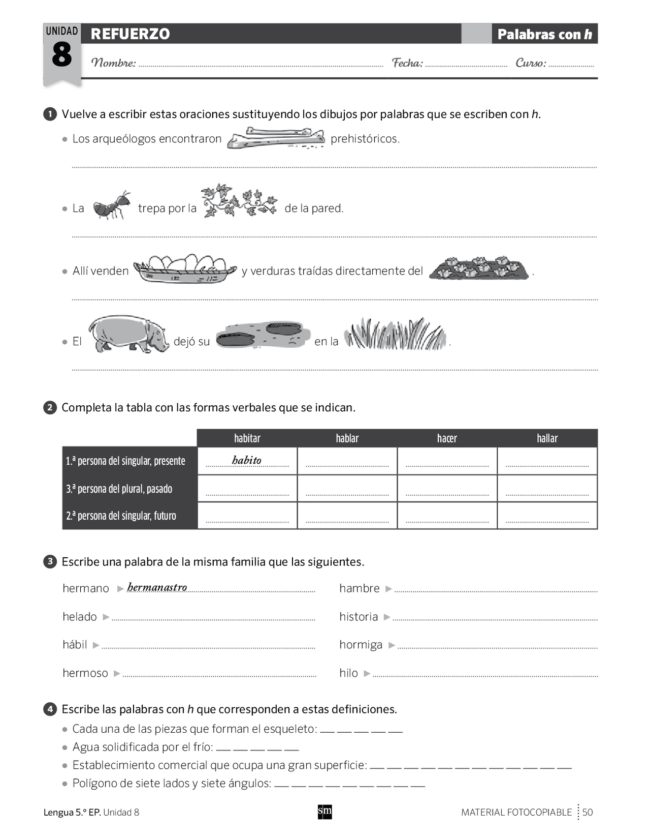 Ejercicios tema 8 Lengua palabras con H. SM - Docsity
