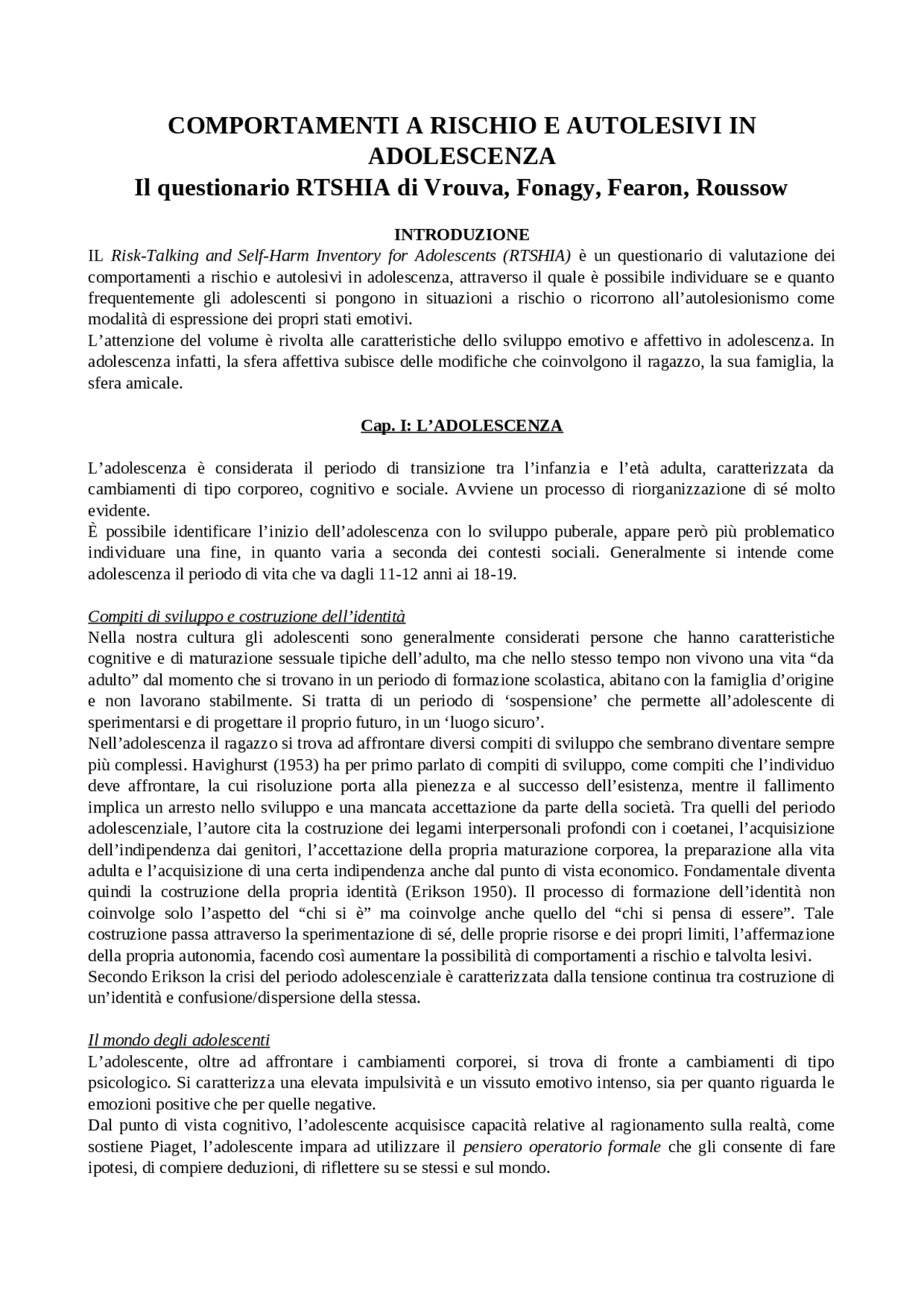 Comportamenti A Rischio E Autolesivi In Adolescenza Docsity