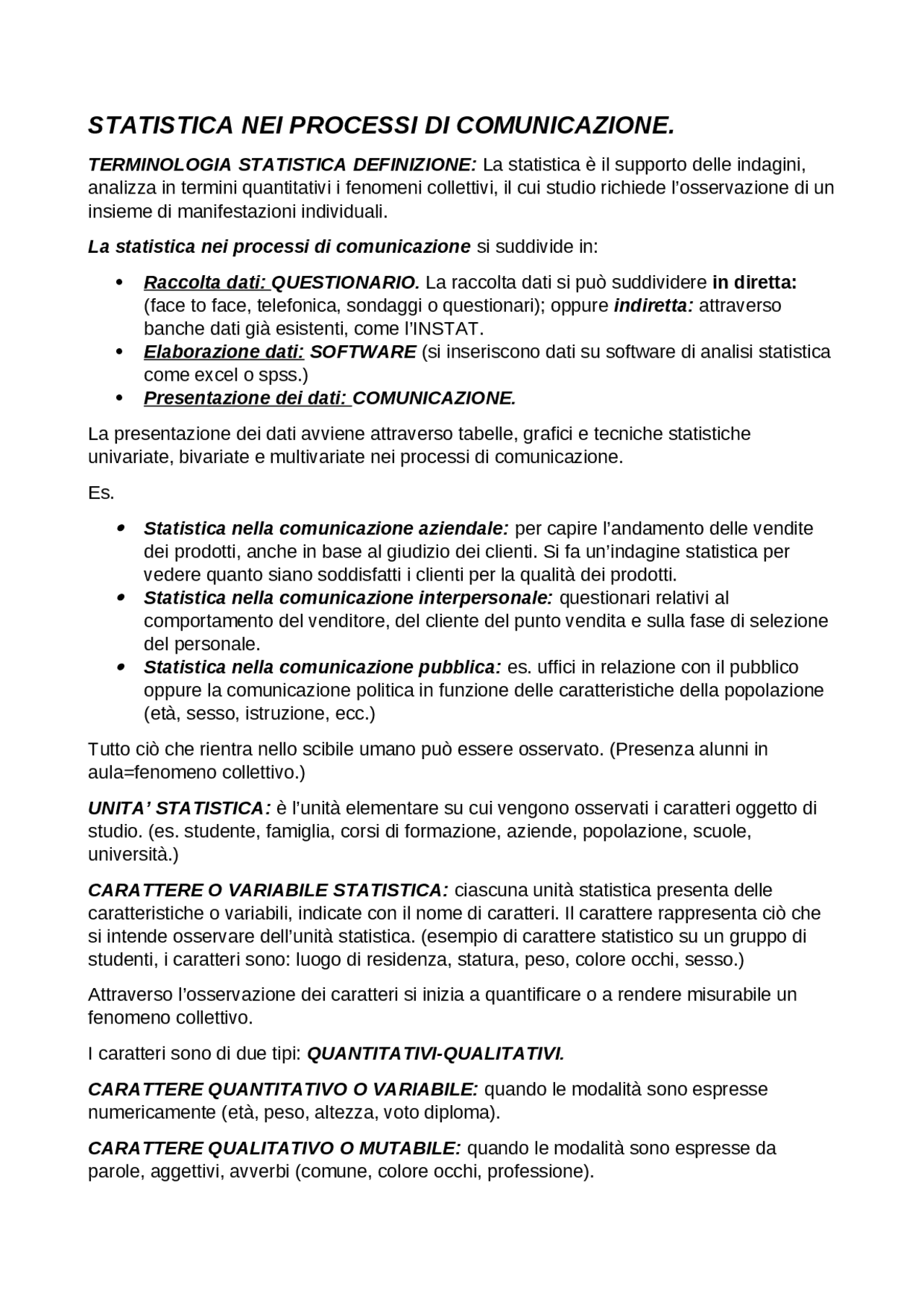 Statistica Nei Processi Di Comunicazione Docsity