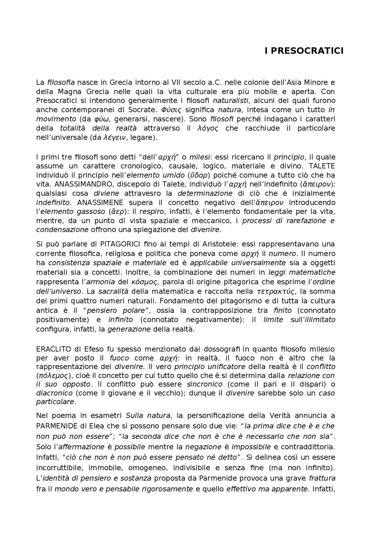 I Presocratici Riassunto Capitolo Appunti Di Filosofia Docsity