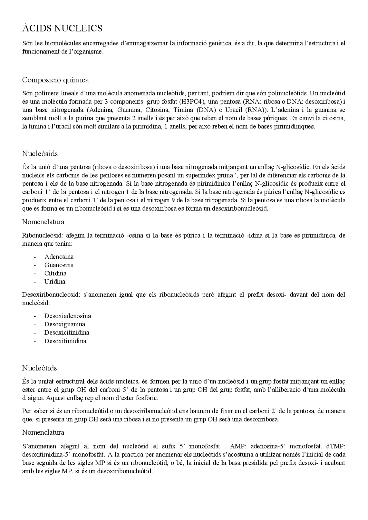 Àcids Nucleics 1er Bachillerat Apuntes De Biología Docsity
