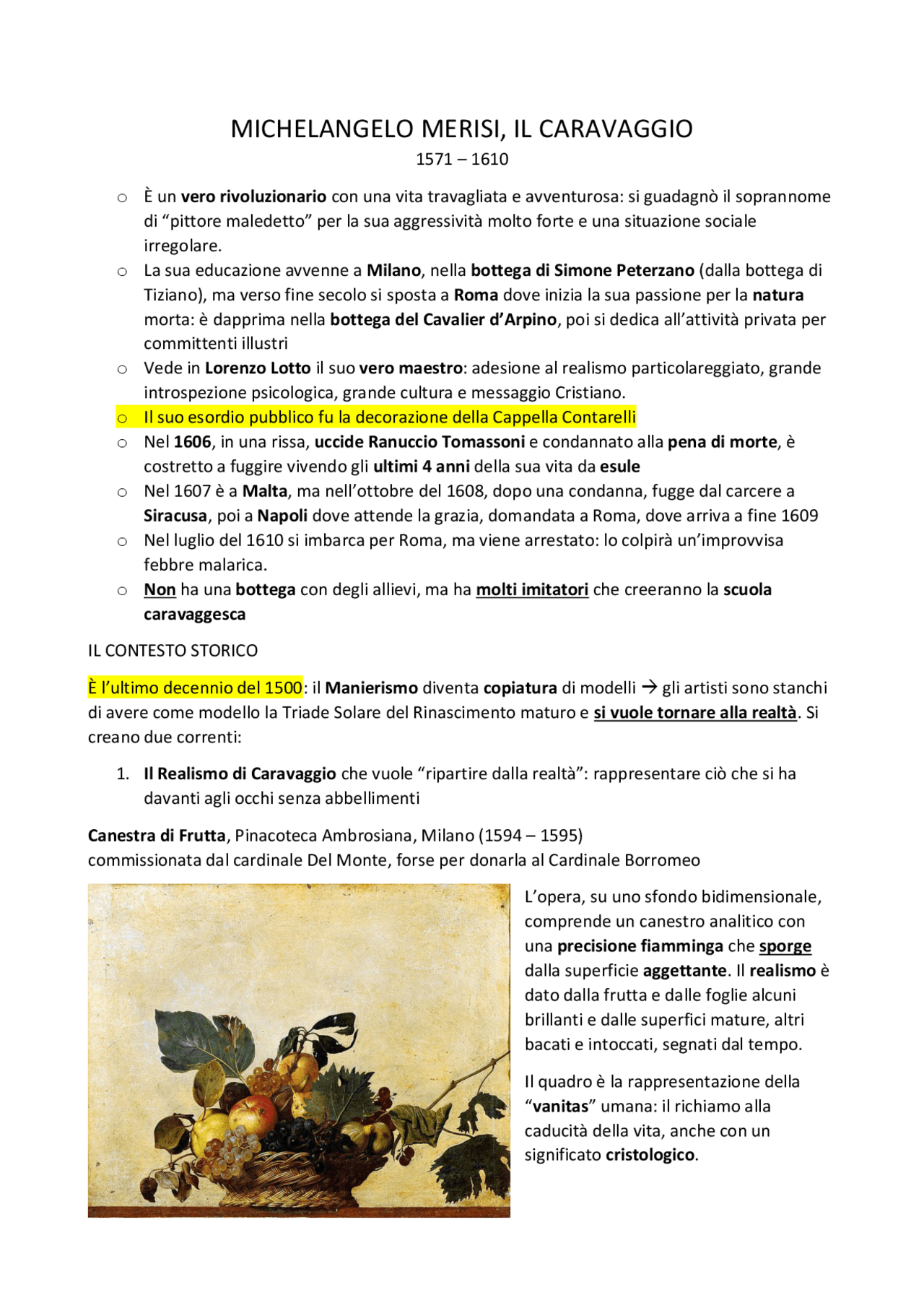 Michelangelo Merisi detto il Caravaggio, vita e opere - Docsity