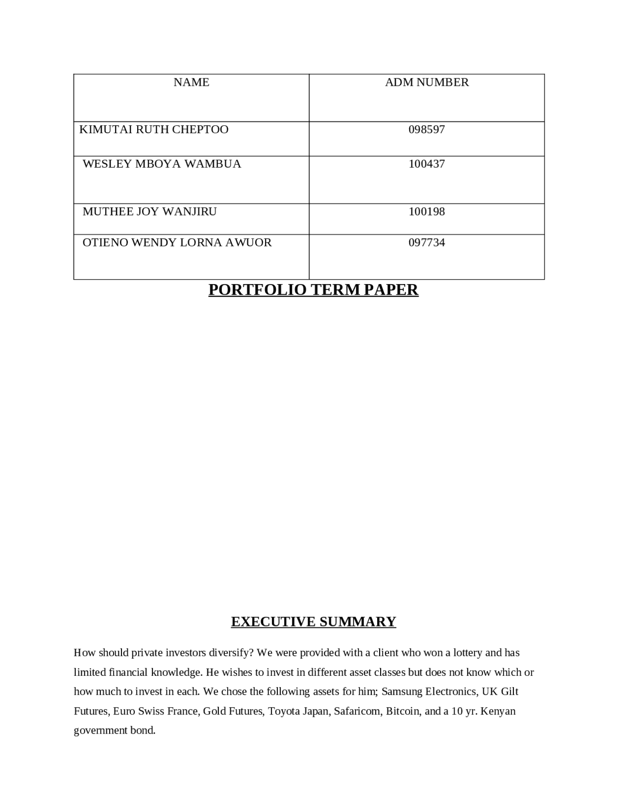 Portfolio Management Assignment Docsity