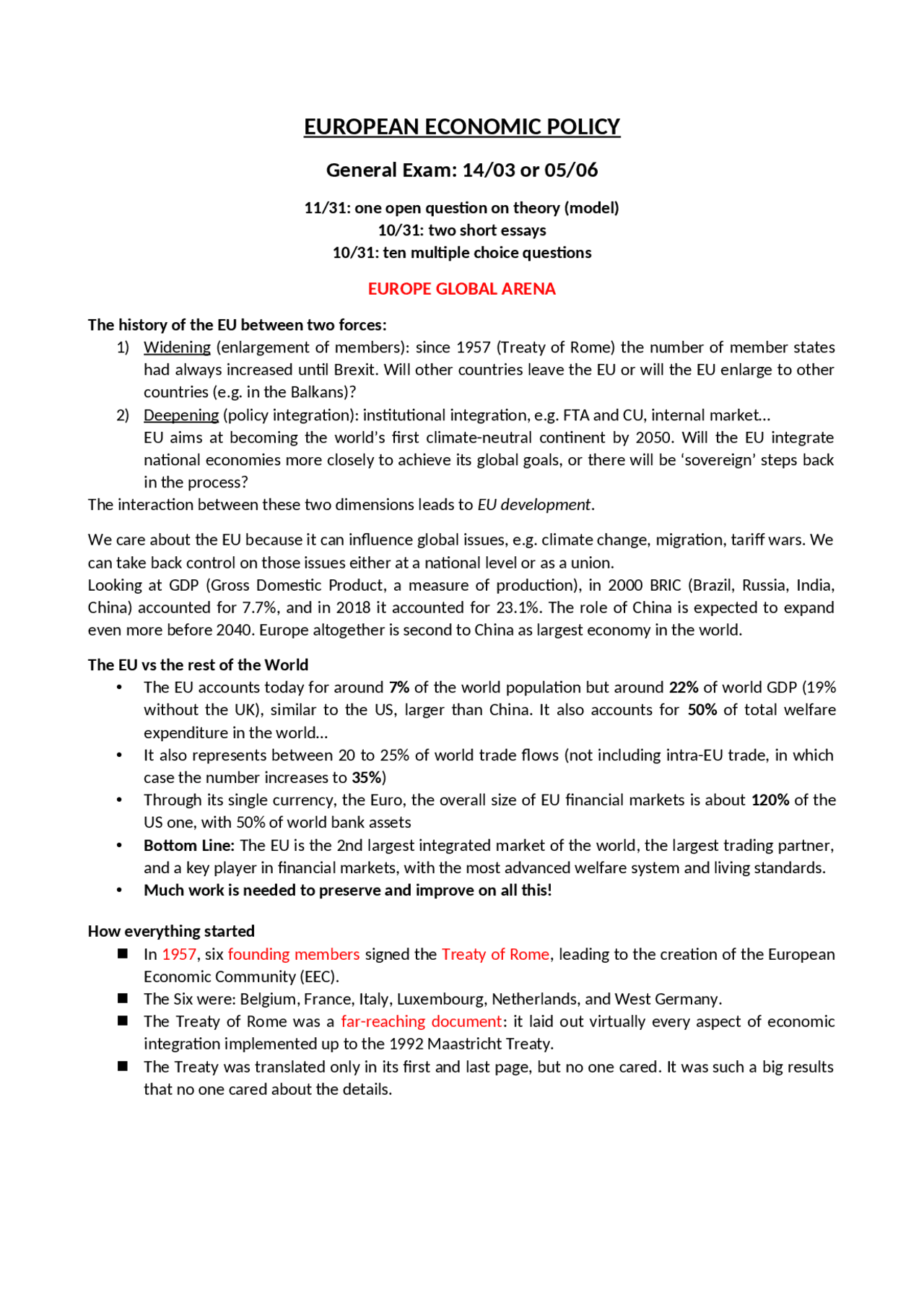 European Economic Policy Notes First Partial Docsity