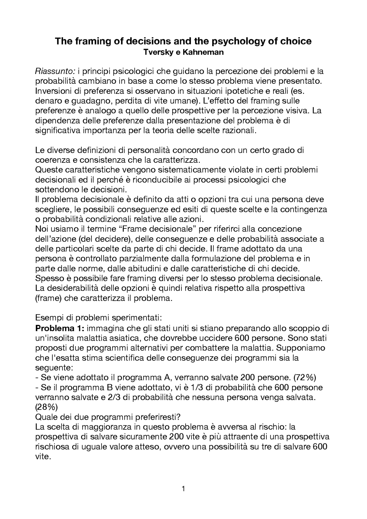 Traduzione articolo "The framing of decisions and the psychology of ...