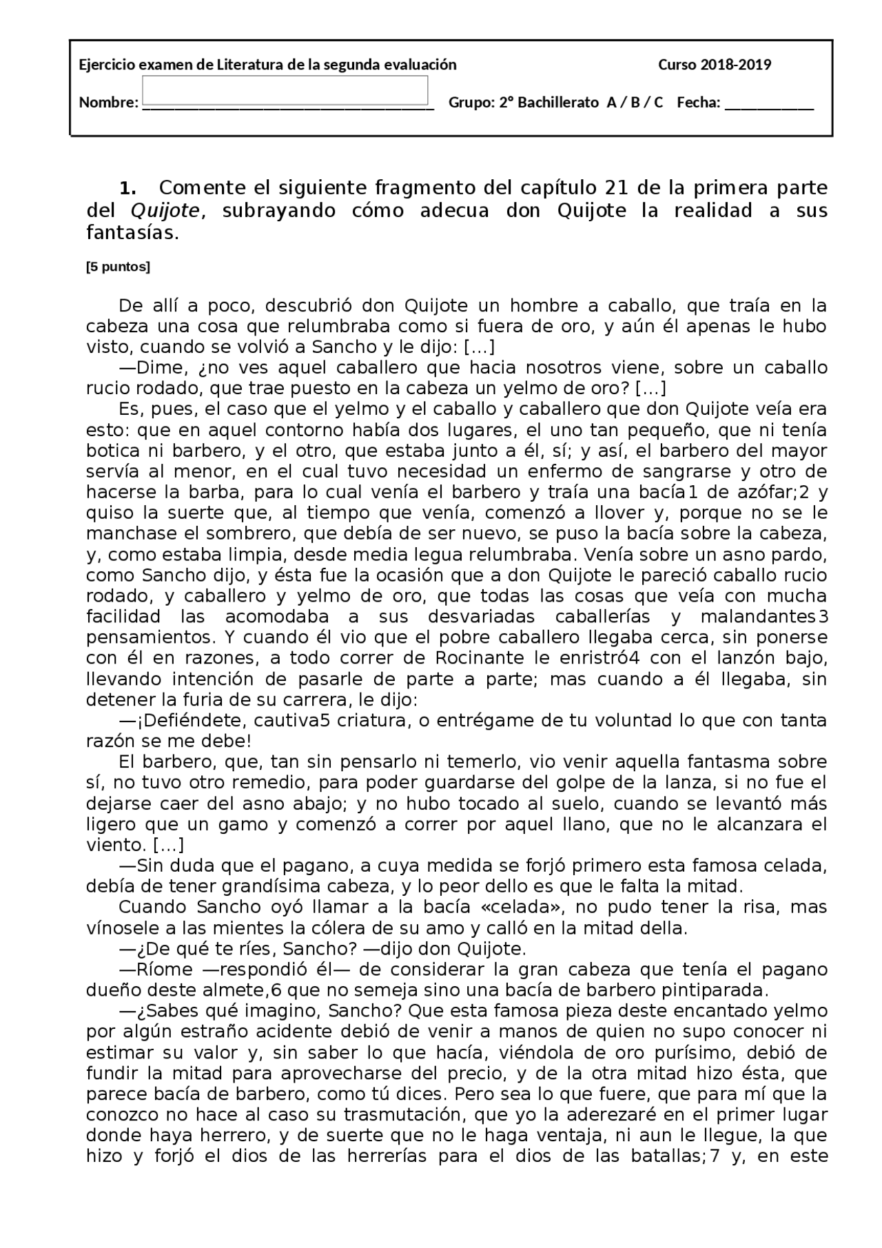 Prueba Don quijote parte I - Docsity