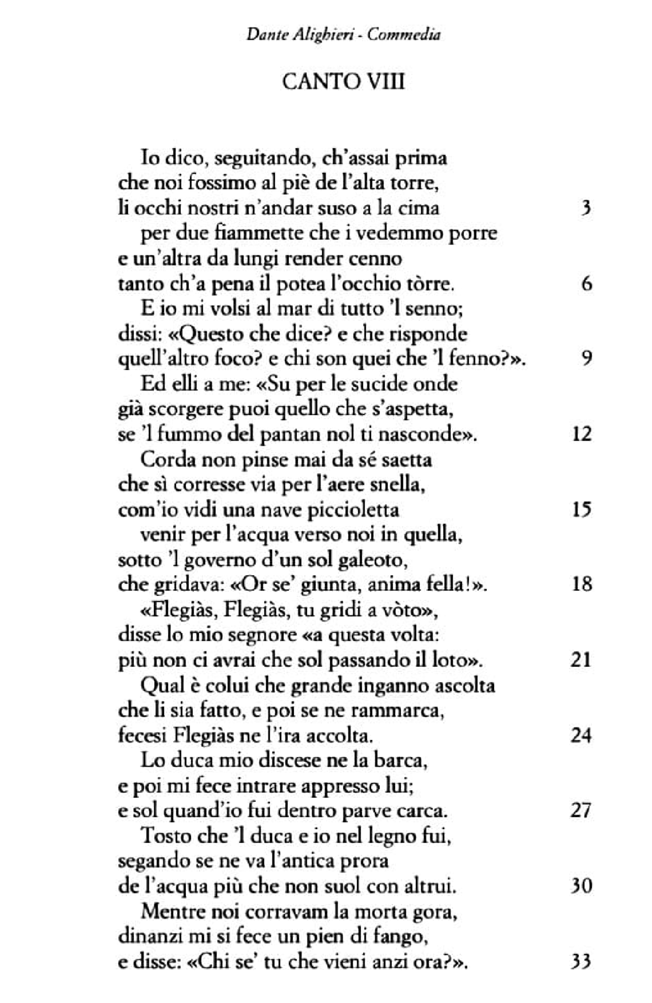 Testo Canto VIII Commedia Dante | Appunti di Letteratura Italiana | Docsity