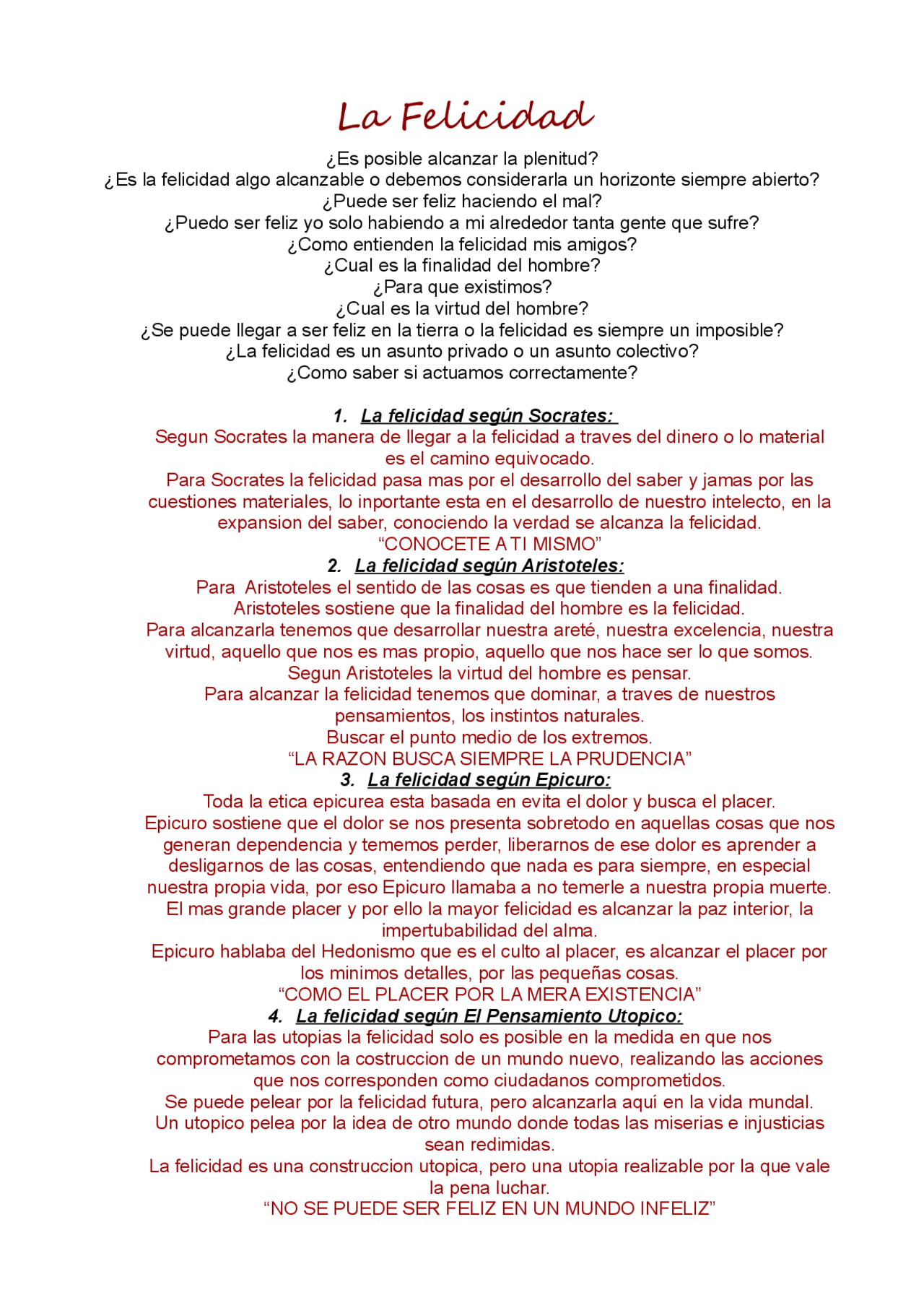 La felicidad según los filósofos. | Apuntes de Filosofía | Docsity