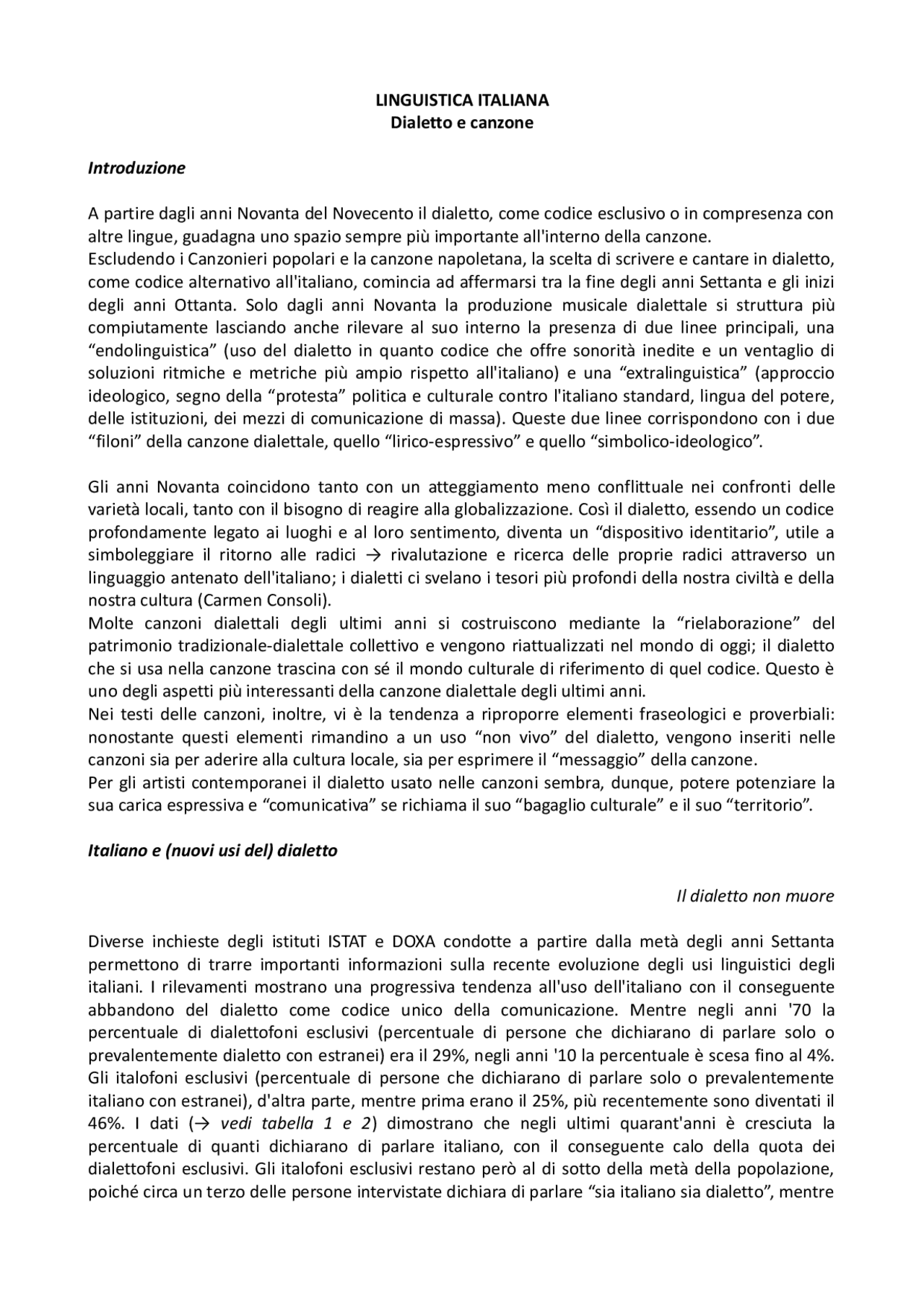 Dialetto E Canzone Roberto Sottile Riassunto Docsity