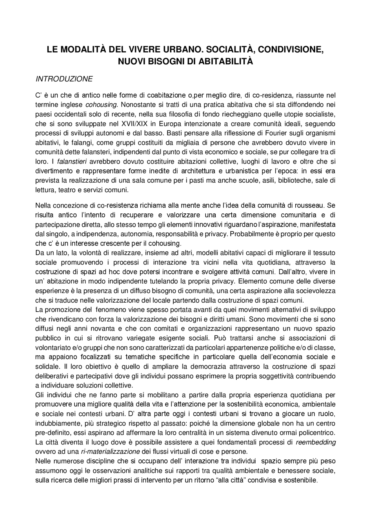 Riassunto Le Modalità Del Vivere Urbano Docsity