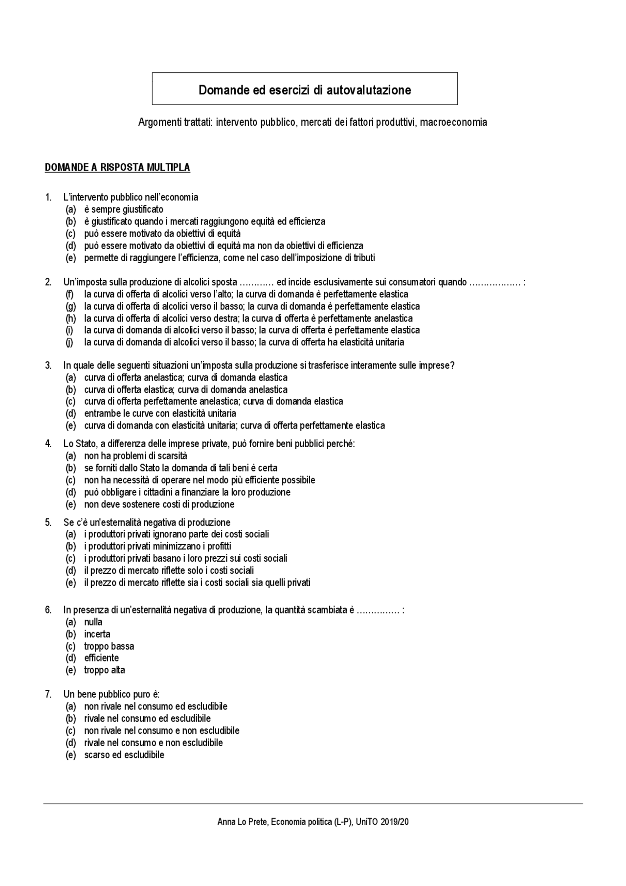 Esercitazione-economia politica- Anna Lo Prete 2019 | Esercizi di Economia Politica | Docsity