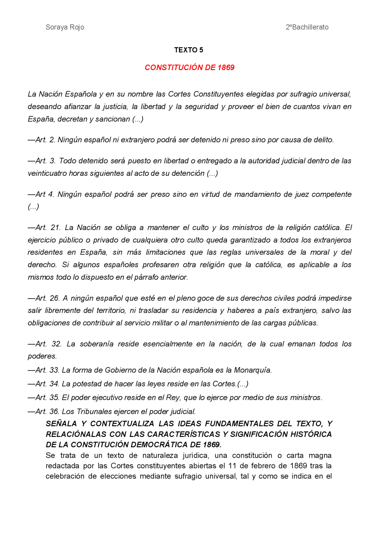 Constitución de 1869, historia de españa - Docsity