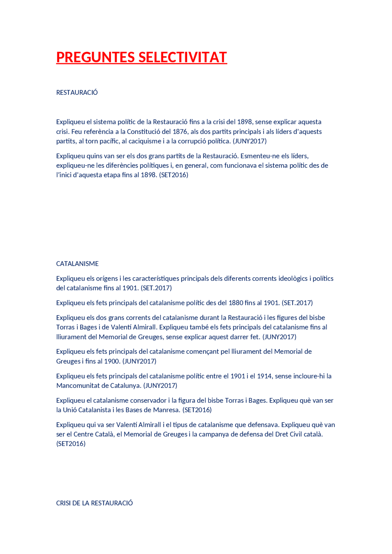 Preguntes Selectivitat Història Docsity
