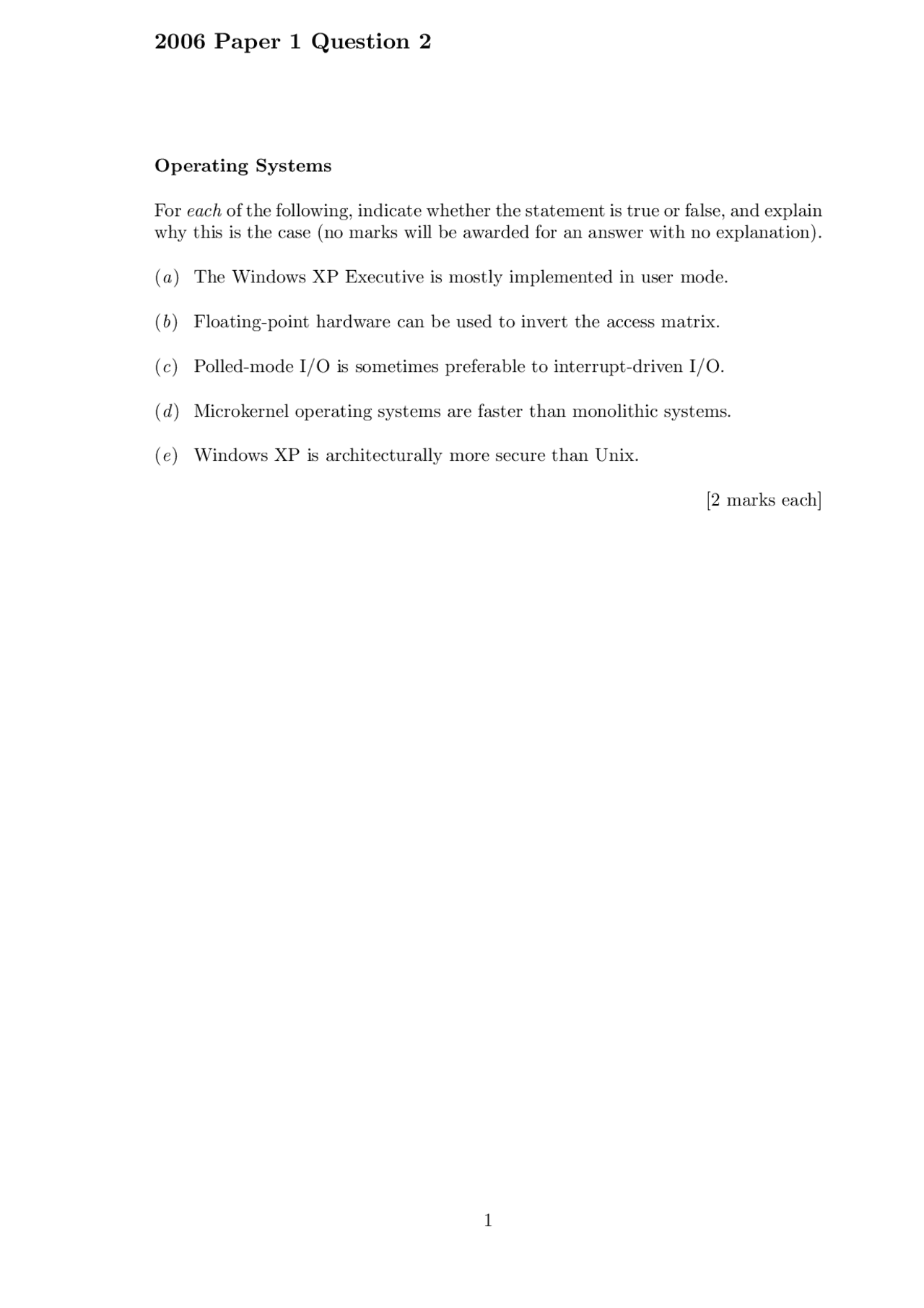 Operating Systems Quiz Questions And Answers 2006 Exams Operating Systems Docsity
