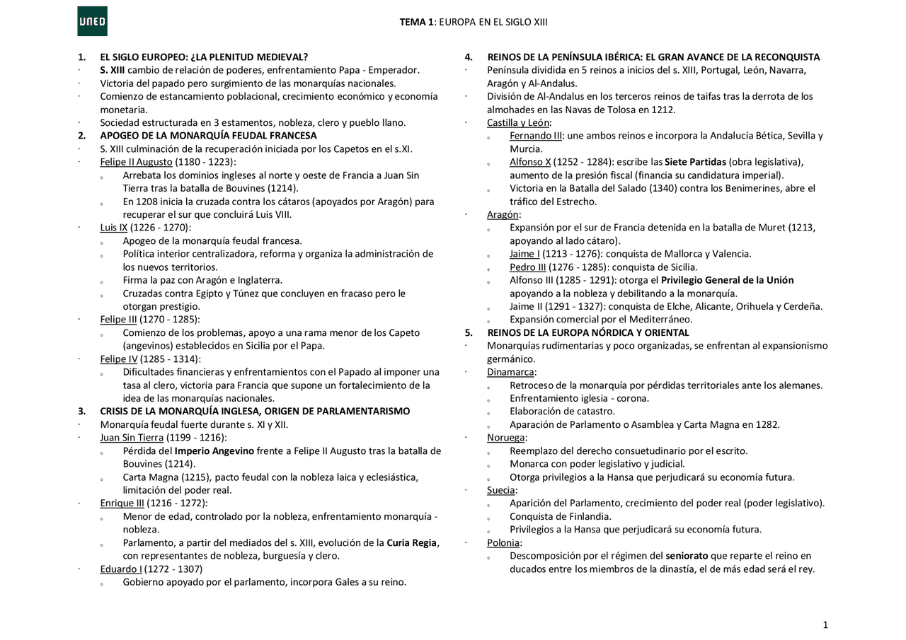 Esquema Tema I Historia Medieval II - UNED - Docsity
