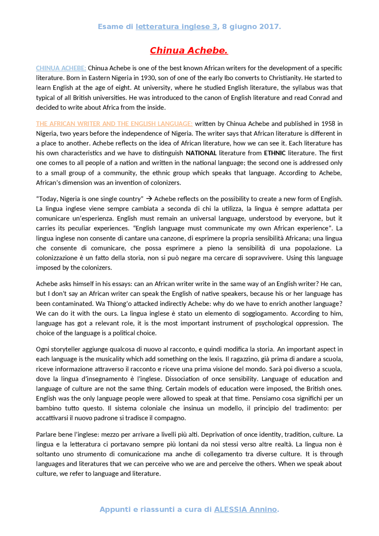 Letteratura postcoloniale inglese - Docsity