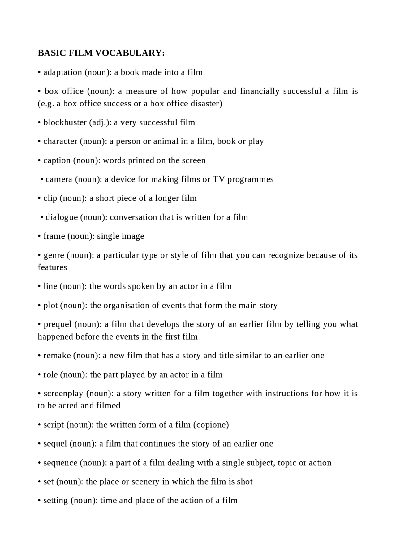 Basic film vocabulary - Docsity