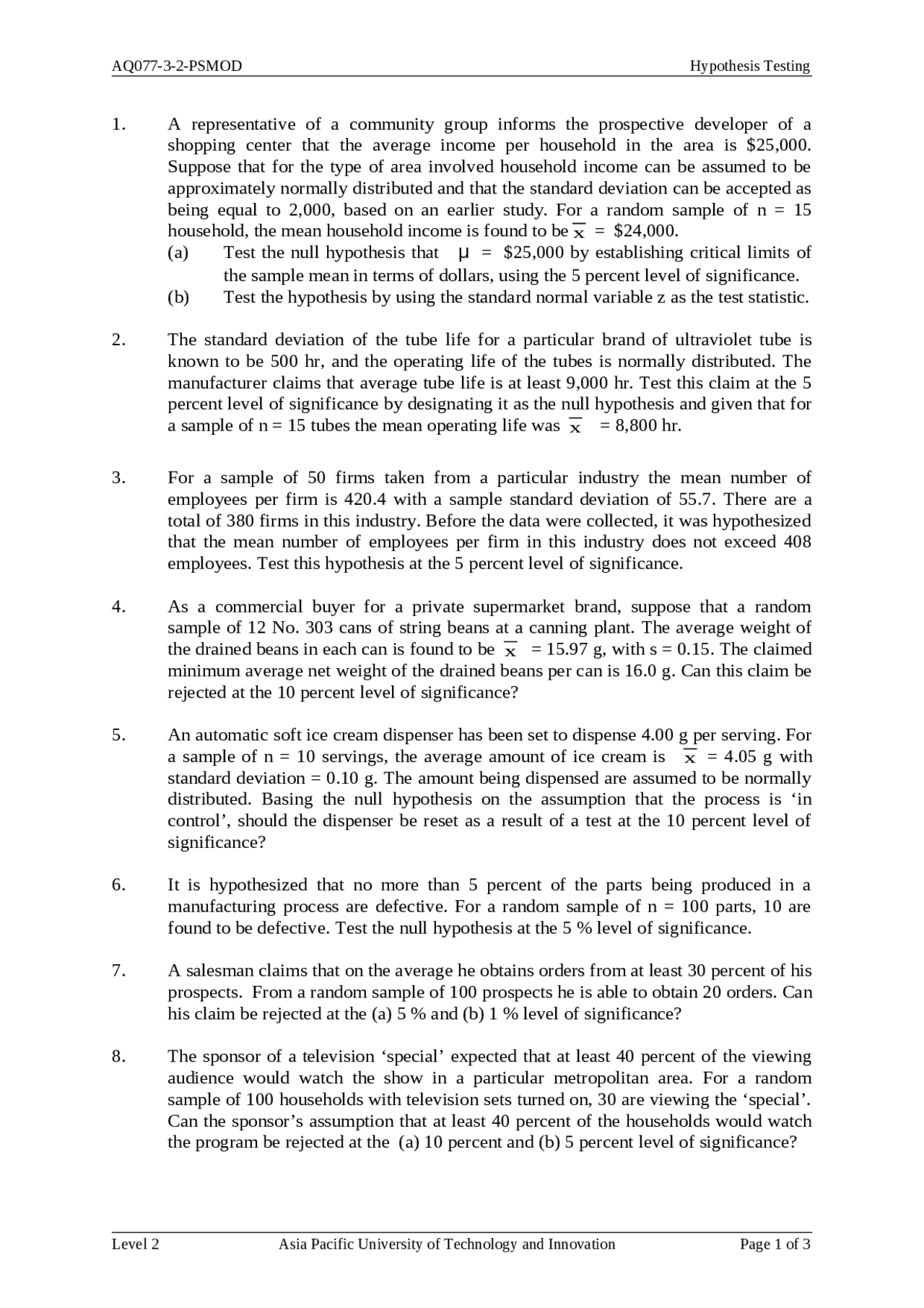 PSMOD_Hypotheses Testing - Docsity