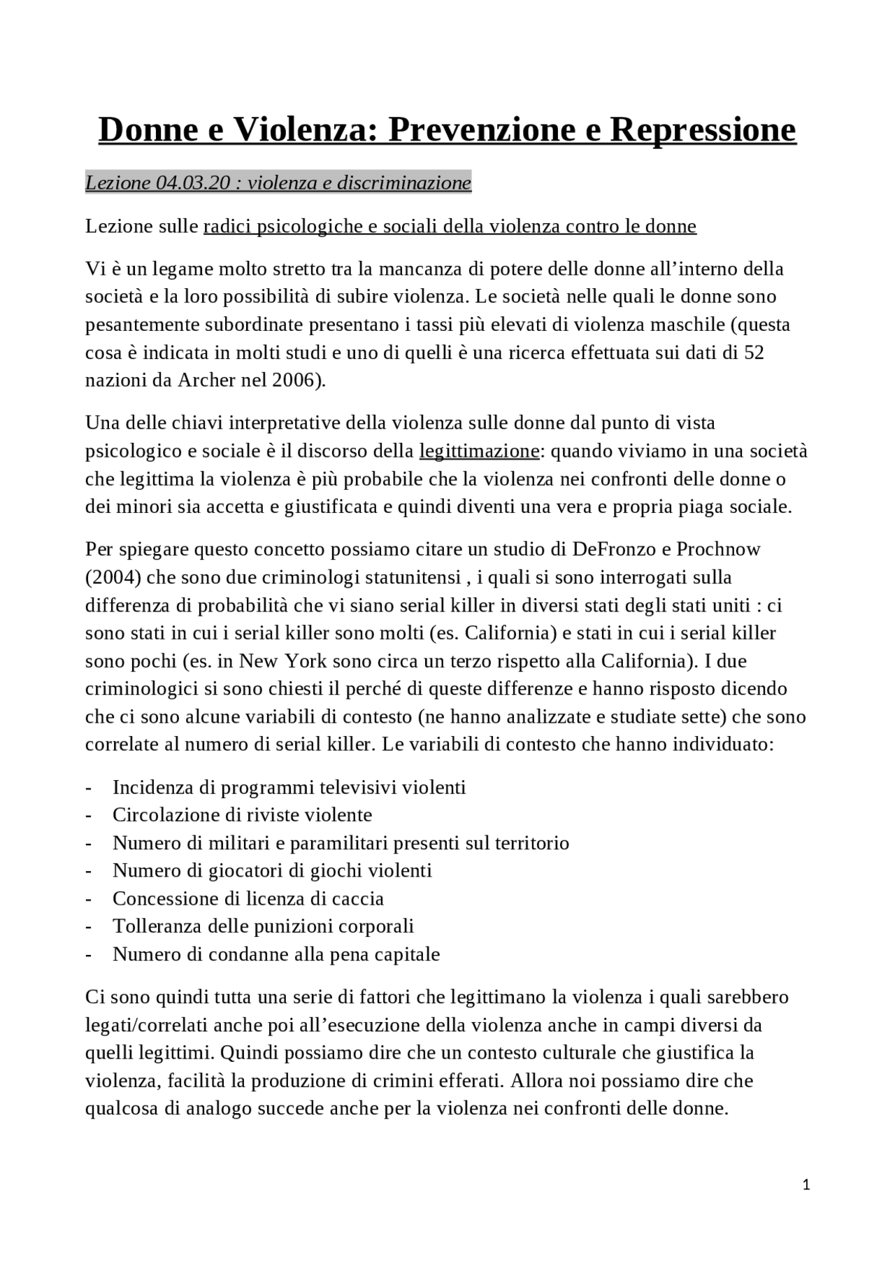 Donne E Violenza Prevenzione E Repressione Docsity