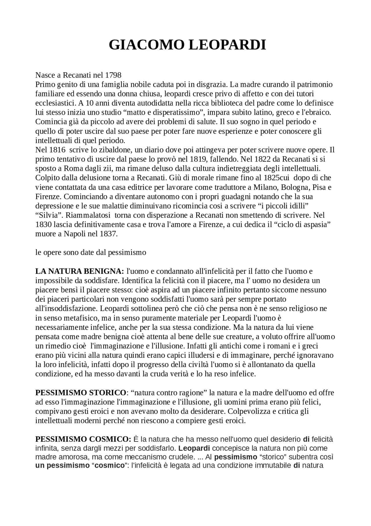 Letteratura italiana per scienze dell'educazione Giacomo Leopardi - Docsity