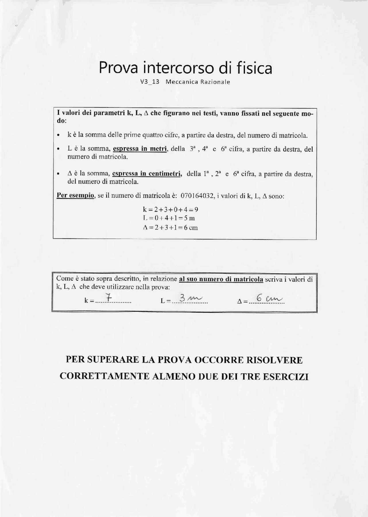 Prova intercorso di fisica - Meccanica razionale V3_13.pdf - Docsity