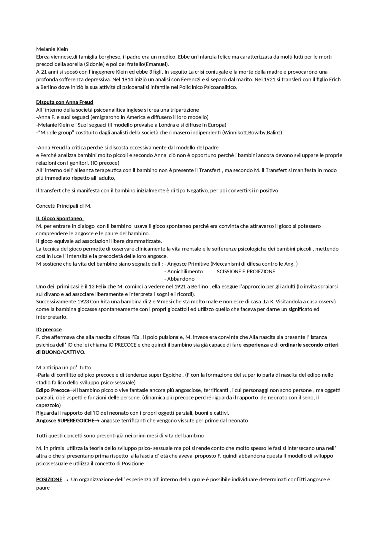 Riassunto Melanie Kleine Docsity